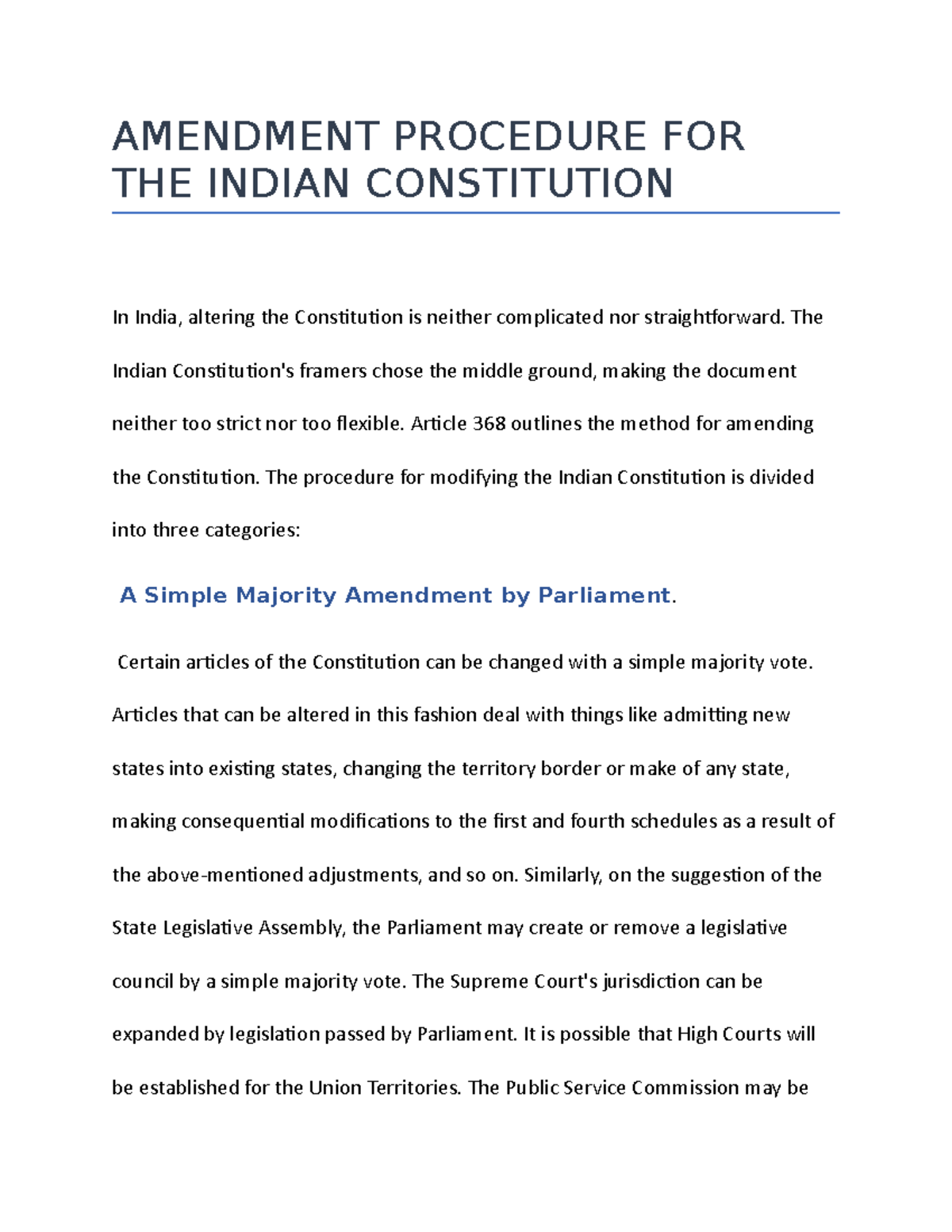 A Brife NOTE ON Amendment Procedure FOR THE Indian Constitution ...