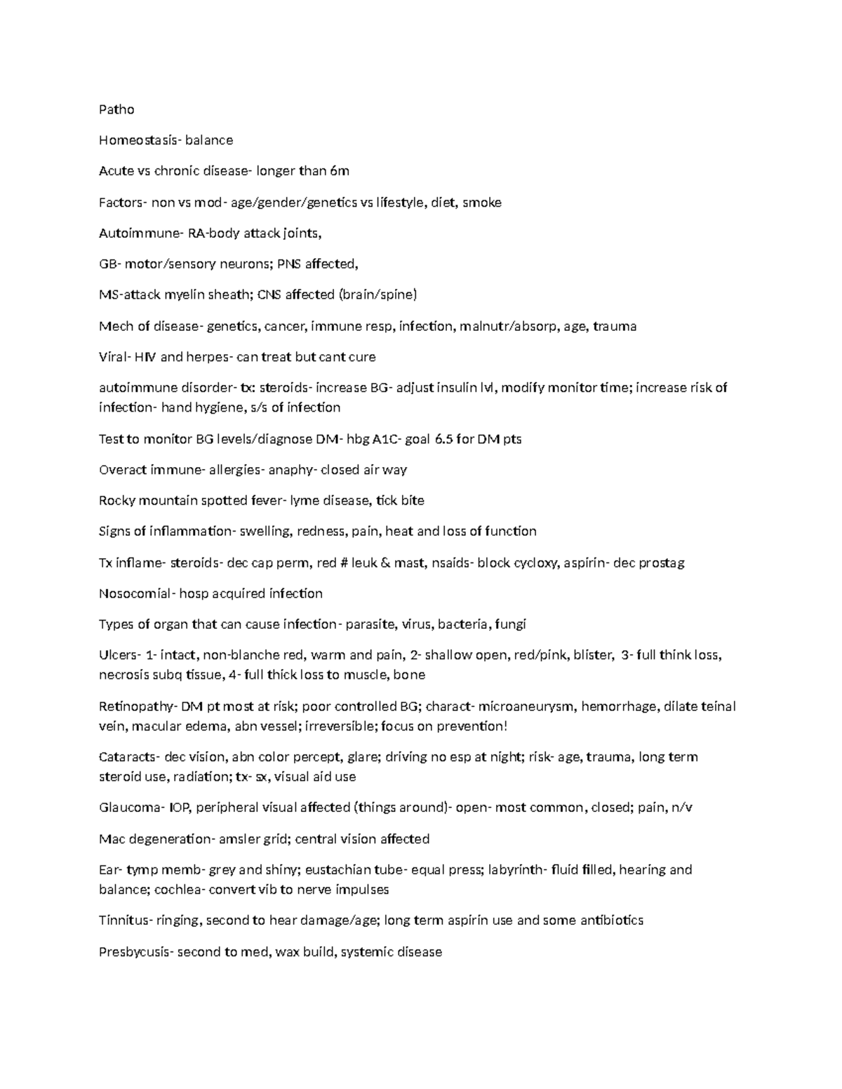 Patho final exam key points - Patho Homeostasis- balance Acute vs chronic disease- longer than ...