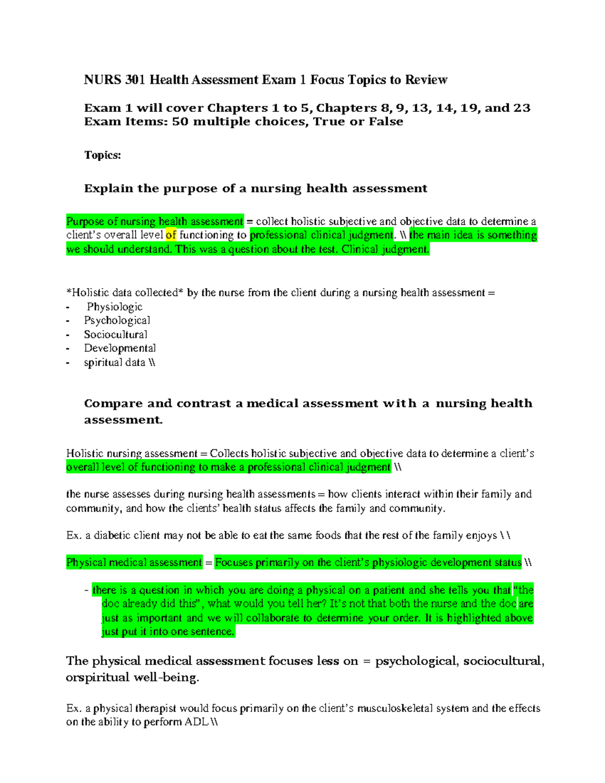 NURS 301Health Assessment Exam 1 Focus Topics(2023) - NURS 301 Health ...