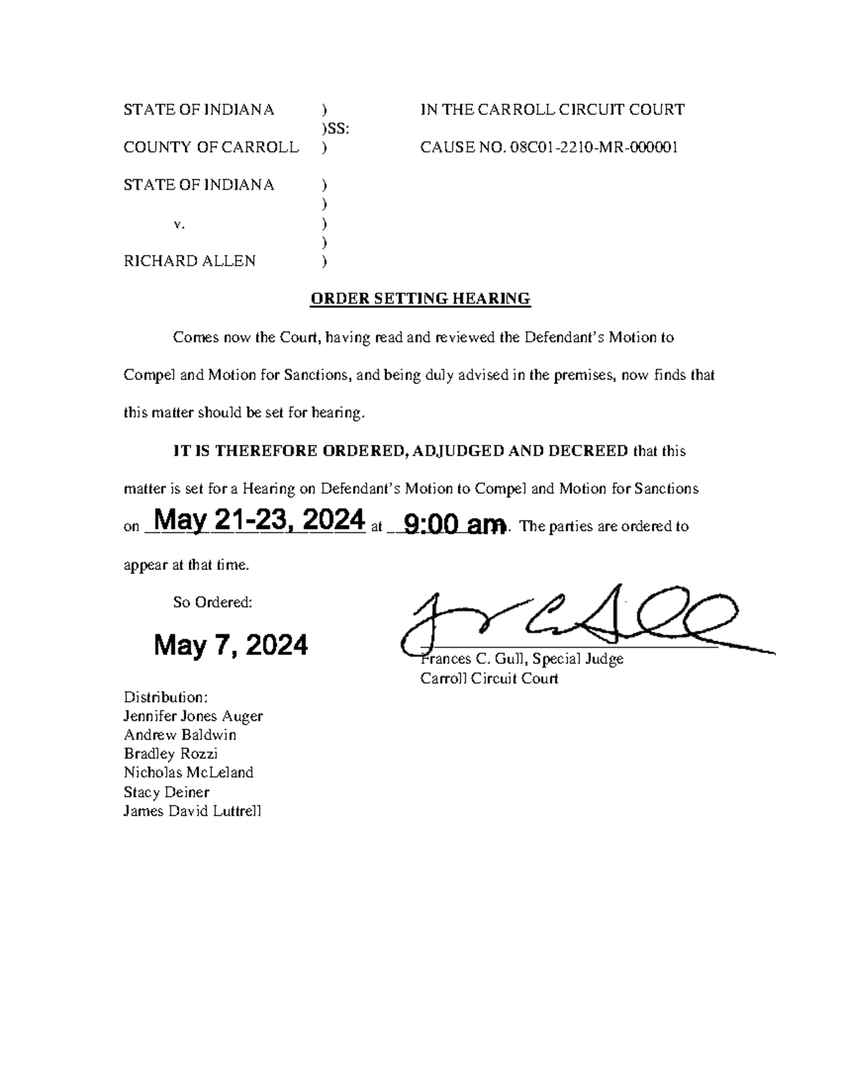 2024423 Order Setting Hearingpdf 1 - STATE OF INDIANA ) IN THE CARROLL ...