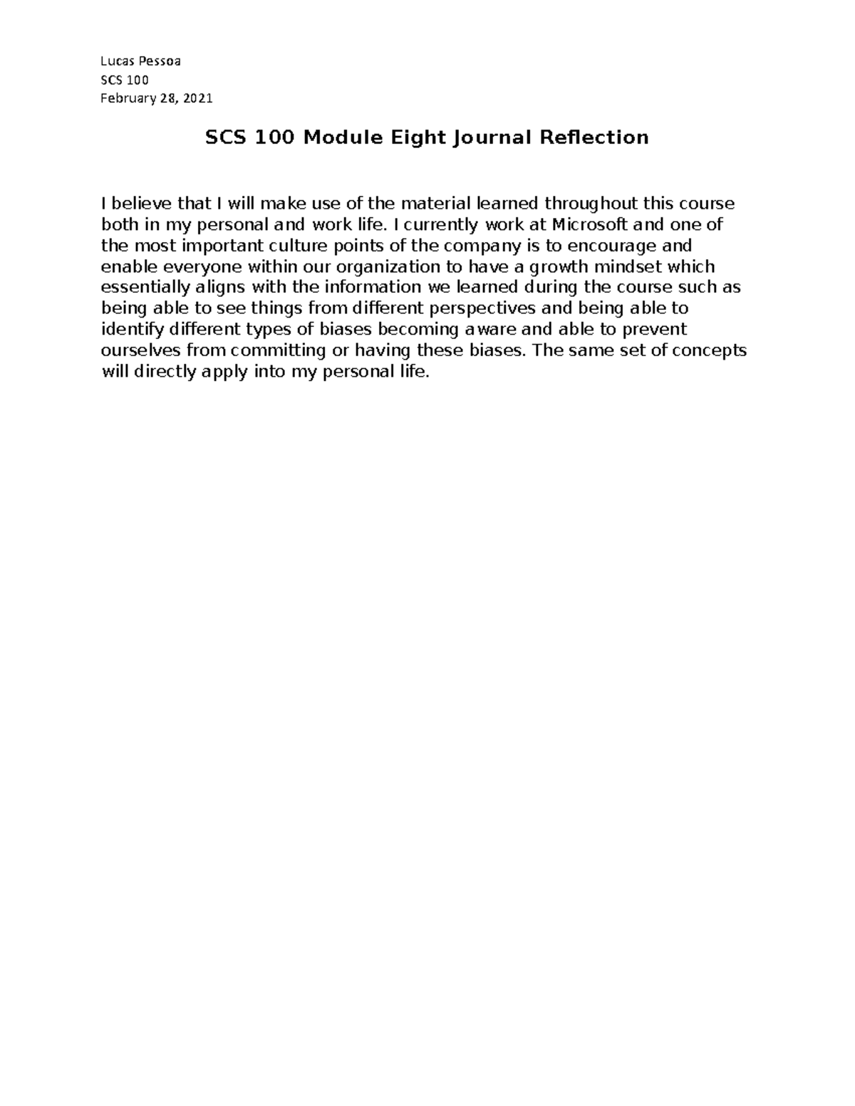 SCS 100 Module Eight Journal Reflection - I currently work at Microsoft ...