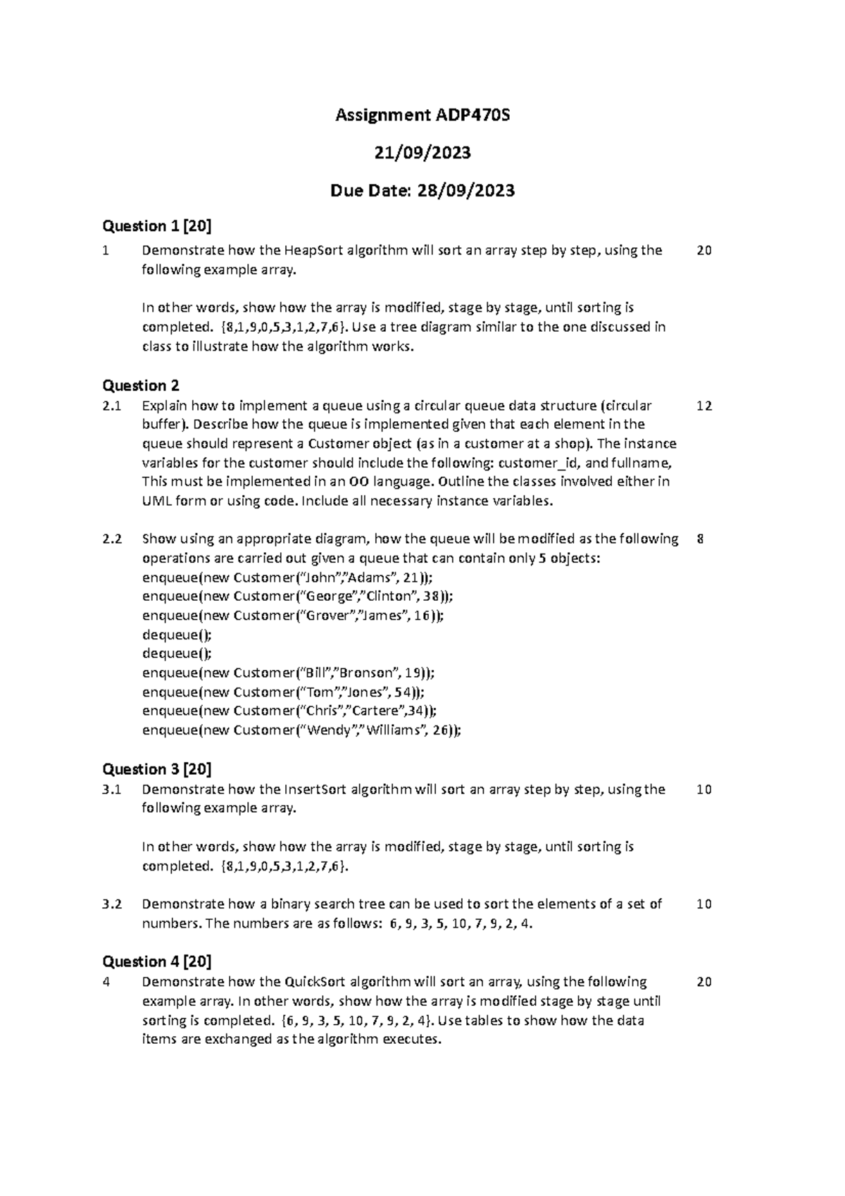 Assignment ADP470S 09 23 - Assignment ADP470S 21/09/ Due Date: 28/09/ Question 1 [20] 1 ...