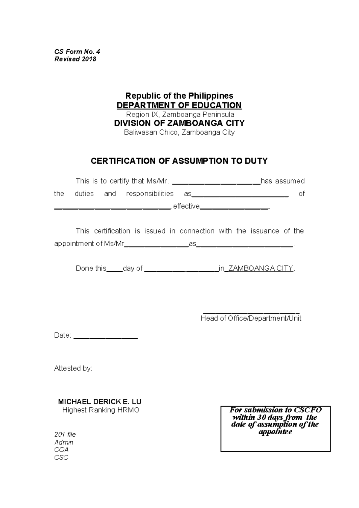 CS Form No. 4 Certification of Assumption to Duty - CS Form No. 4 ...