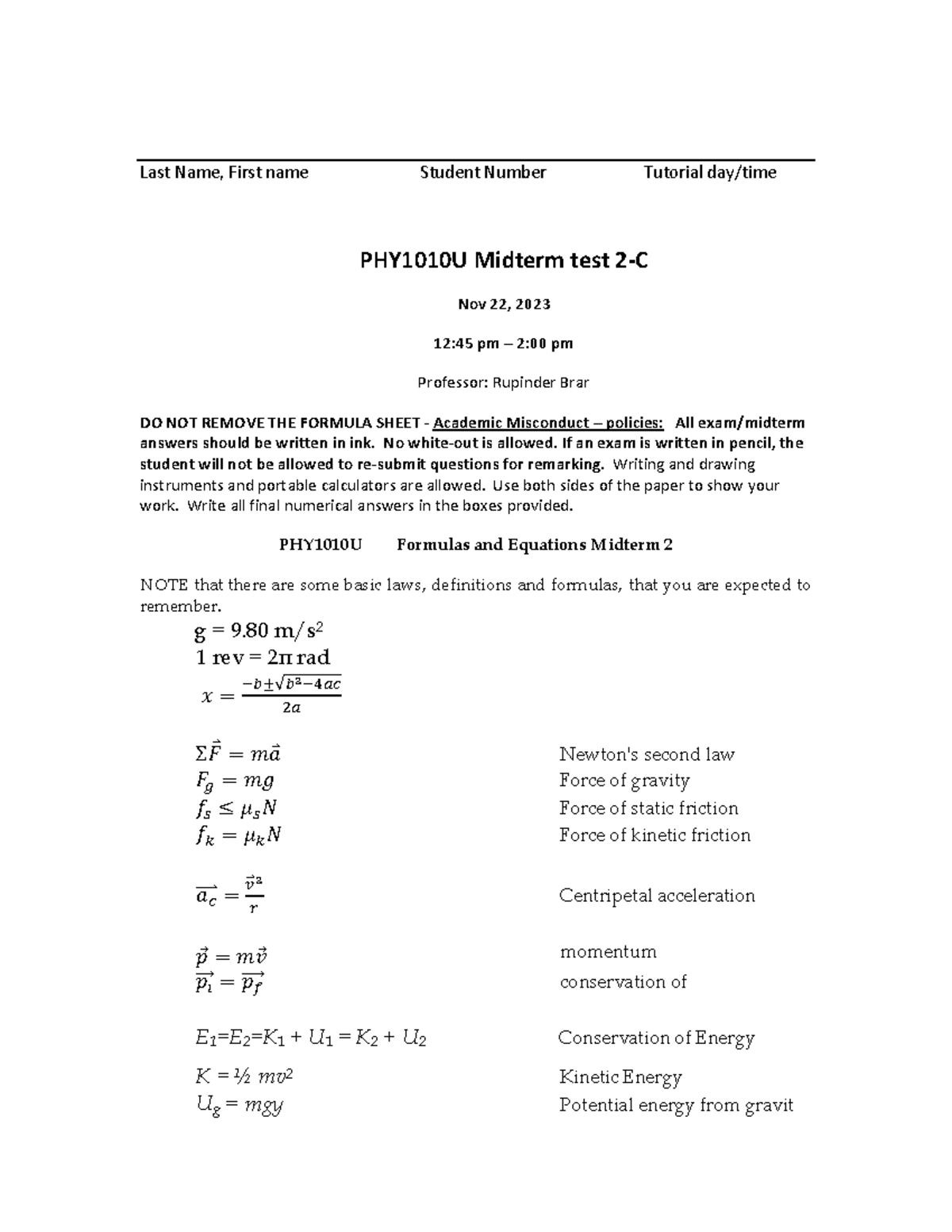 Midterm 2C - Last Name, First name Student Number Tutorial day/time ...