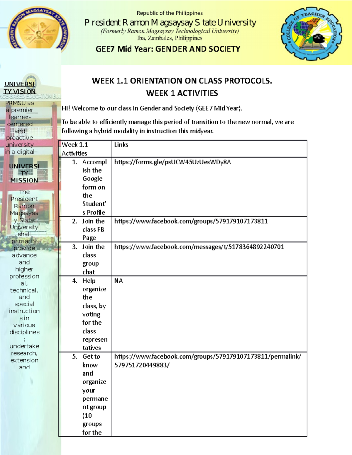 GEE7MY Week 1.1 Activities - GEE7 Mid Year: GENDER AND SOCIETY WEEK 1 ...