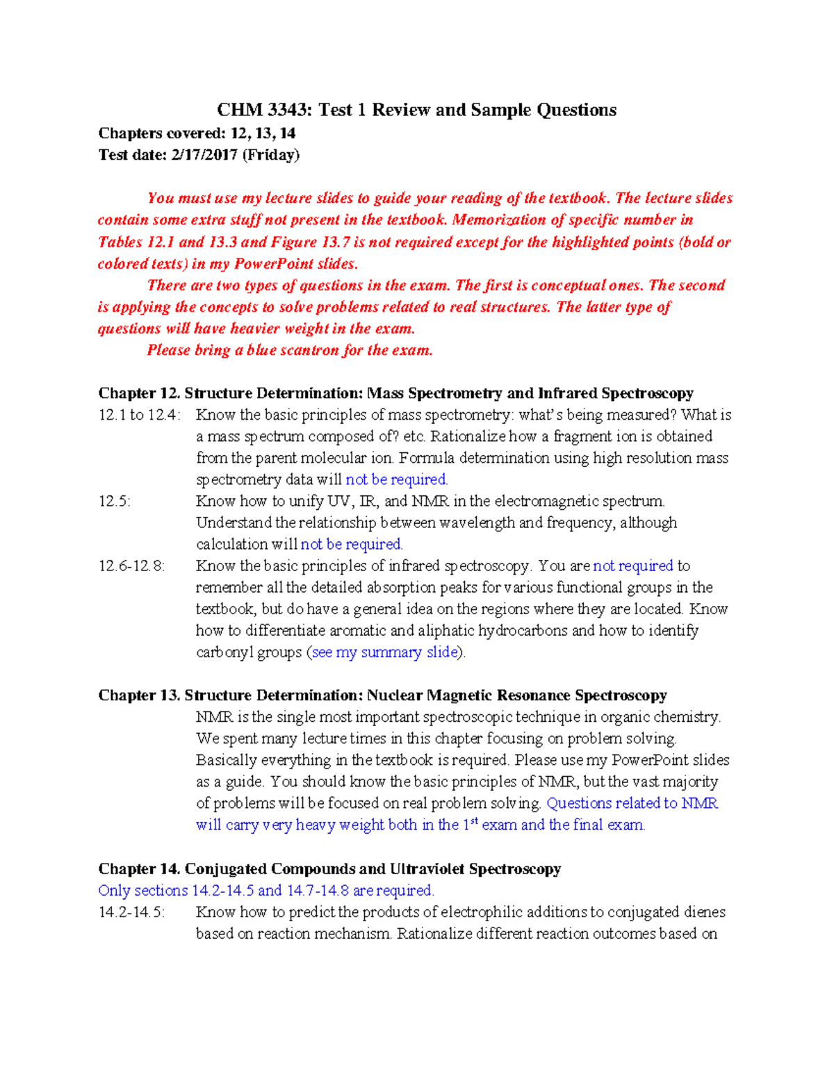 Test 1 Review - Dr. Wang - CHM 3343: Test 1 Review and Sample Questions ...