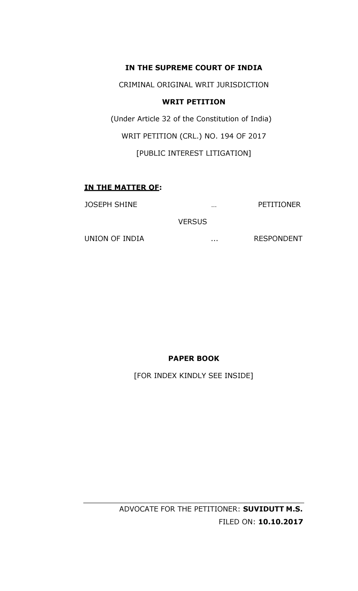 Adultery-Writ-Petition pdf - IN THE SUPREME COURT OF INDIA CRIMINAL ...