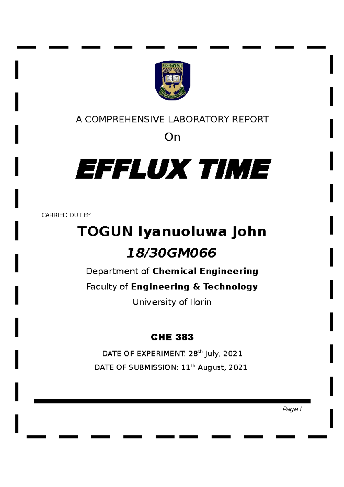 Efflux TIME - A COMPREHENSIVE LABORATORY REPORT On EFFLUX TIME CARRIED ...