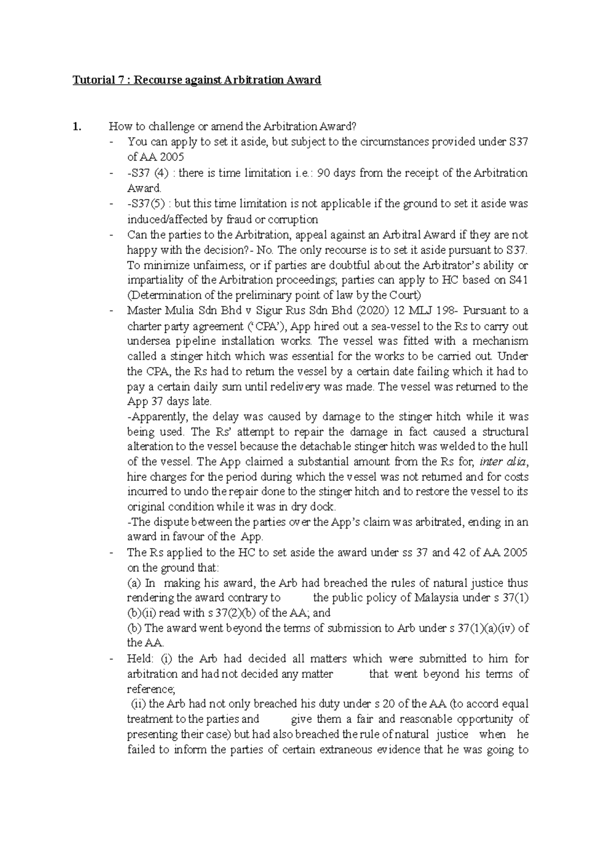 Tutorial 7 - Recourse against Arbitration Award - : 90 days from the ...