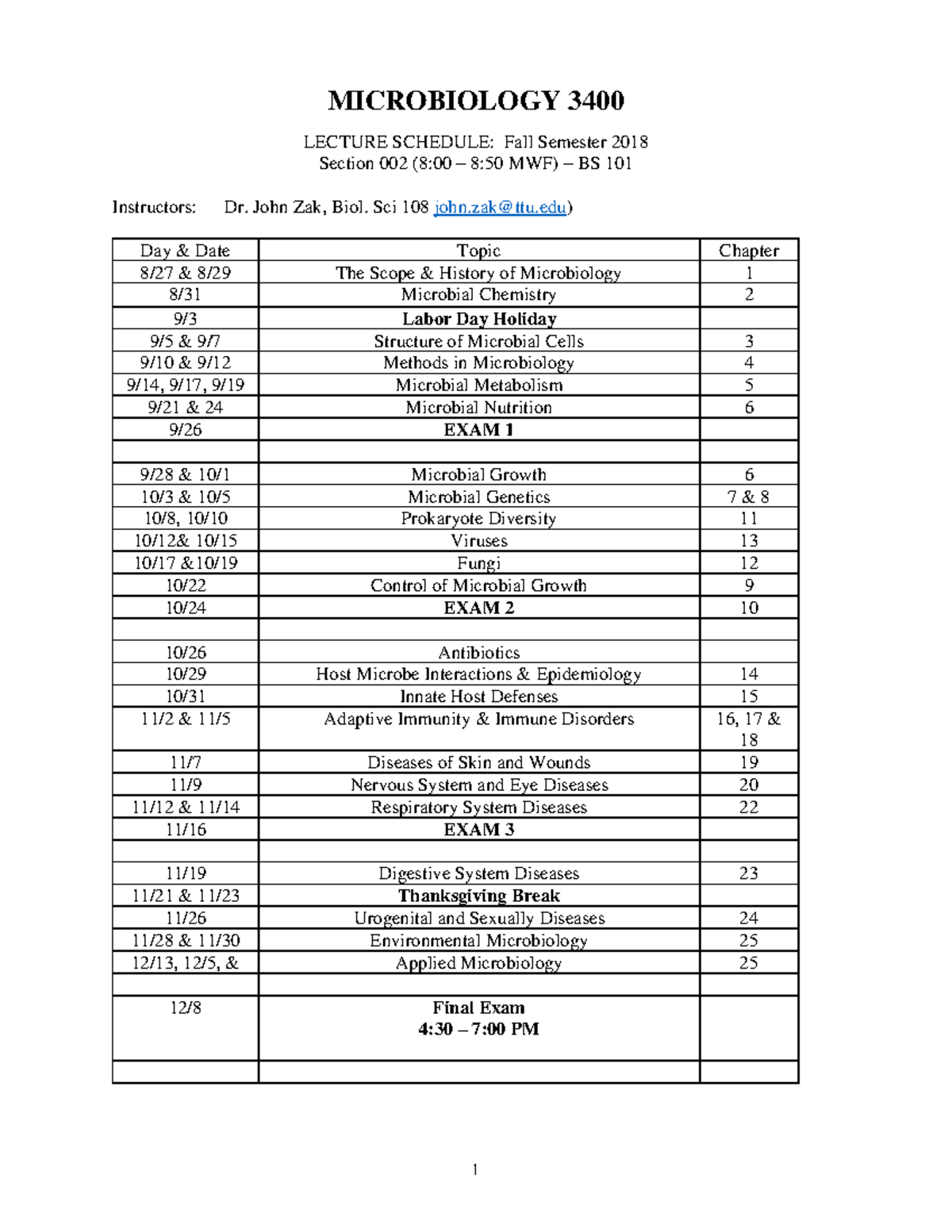 Lecture Syllabus Fall 2018-sec 002 - MICROBIOLOGY 3400 LECTURE SCHEDULE ...