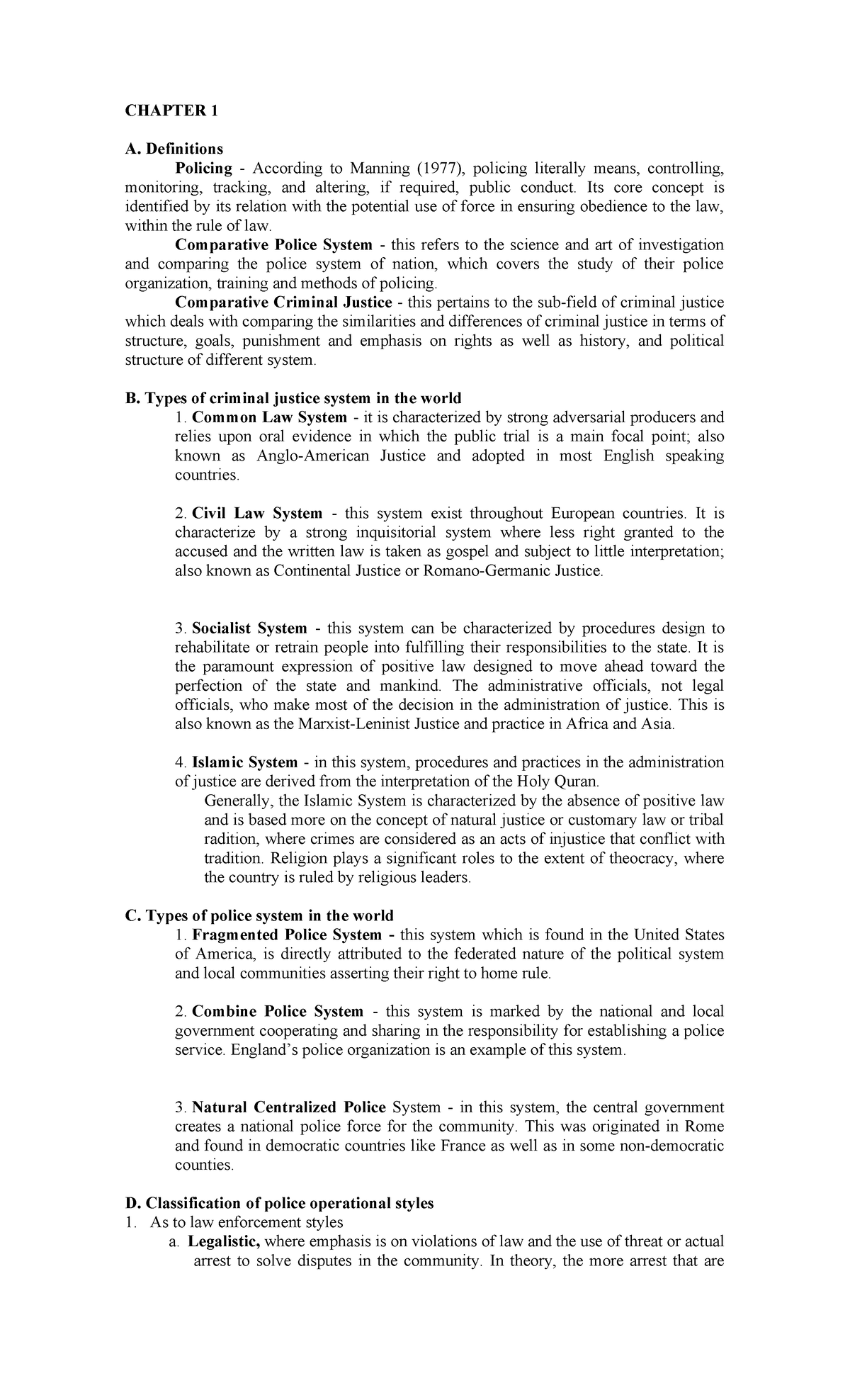 Comparative - notes - CHAPTER 1 A. Definitions Policing - According to ...