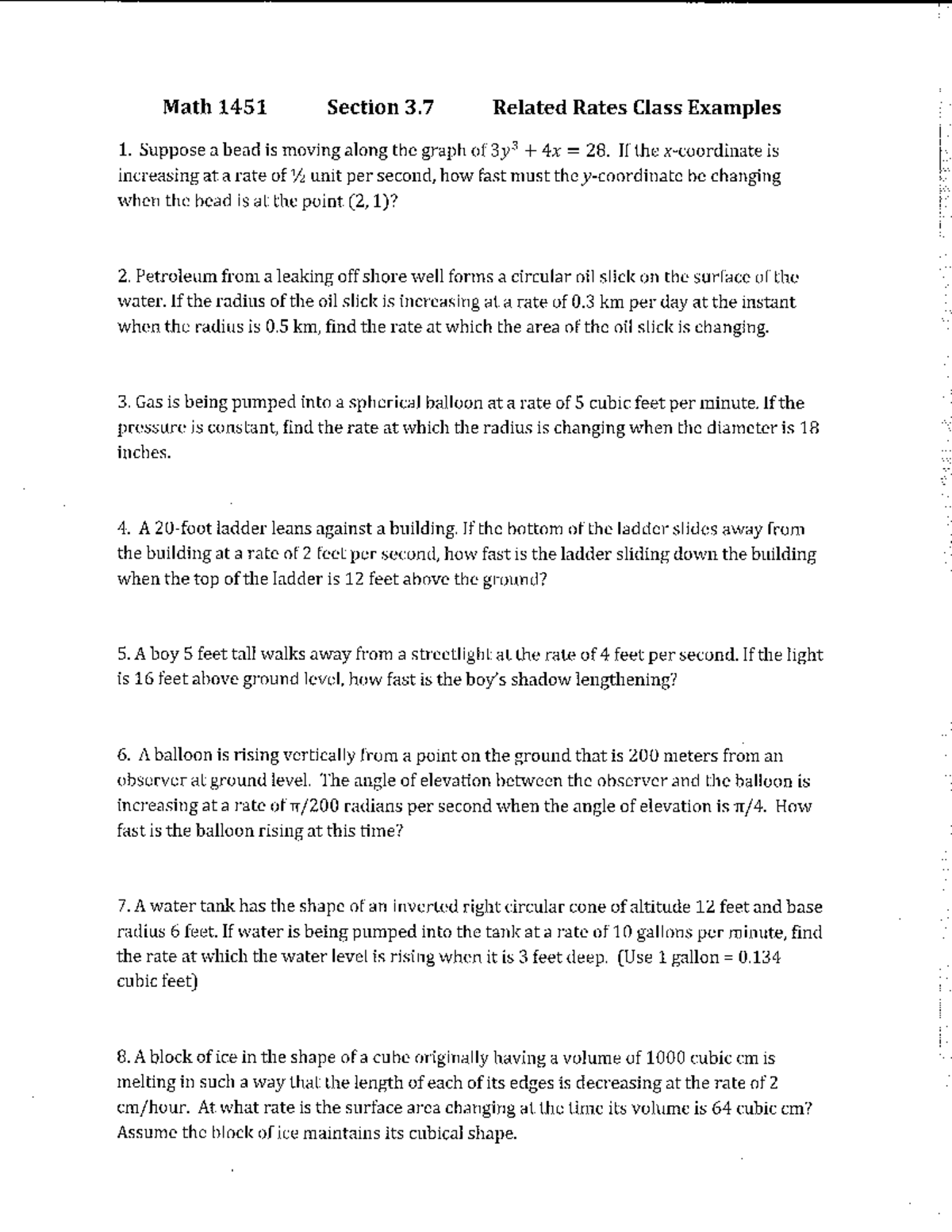 Related Rates w Sltns - Derivatives - MATH 1451 - Studocu
