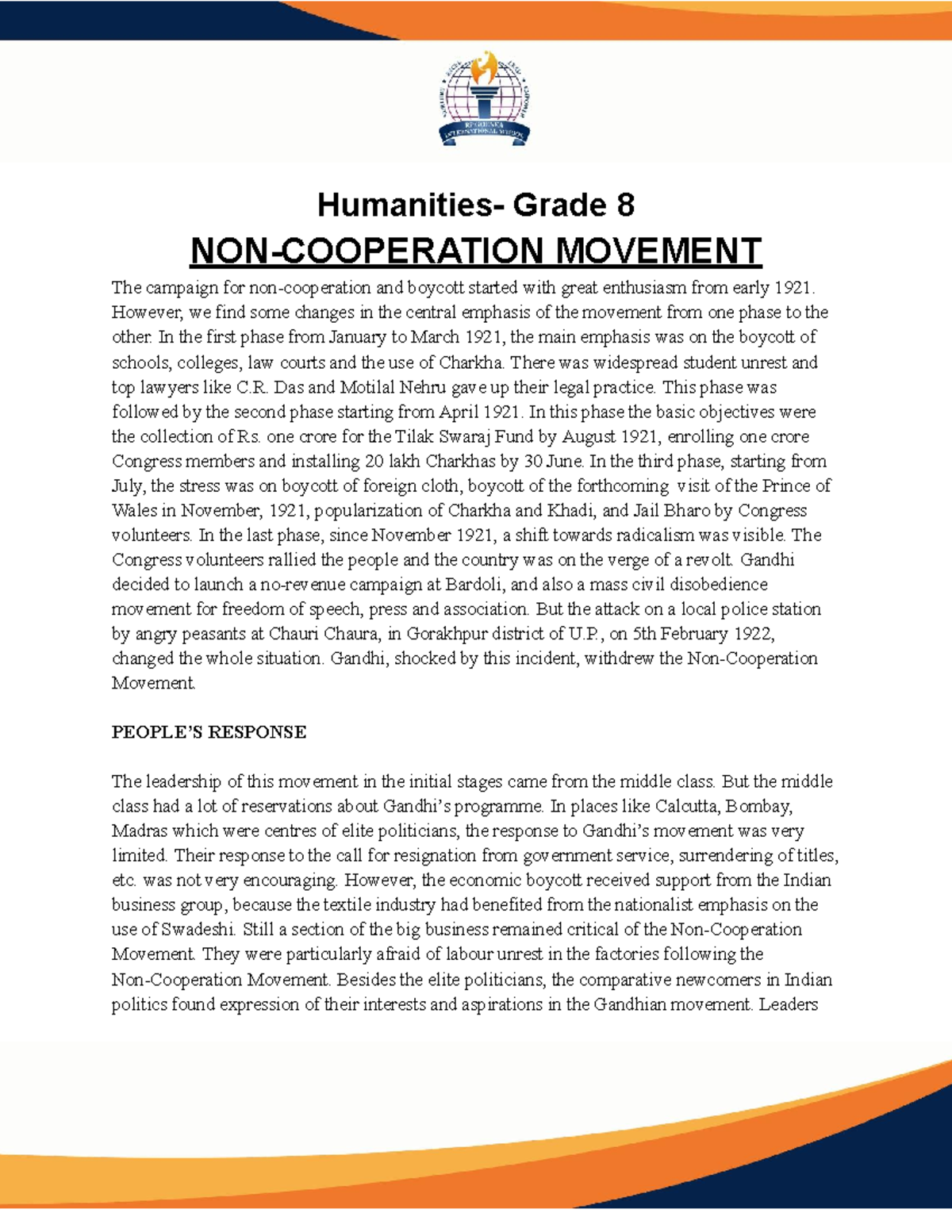 Non-Cooperation Movement - Humanities- Grade 8 NON-COOPERATION MOVEMENT ...