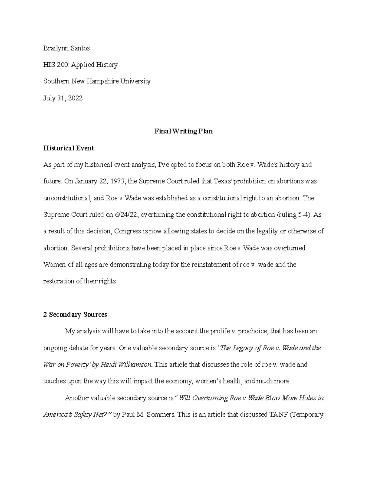 Final Writing Plan - Brailynn Santos HIS 200: Applied History Southern ...
