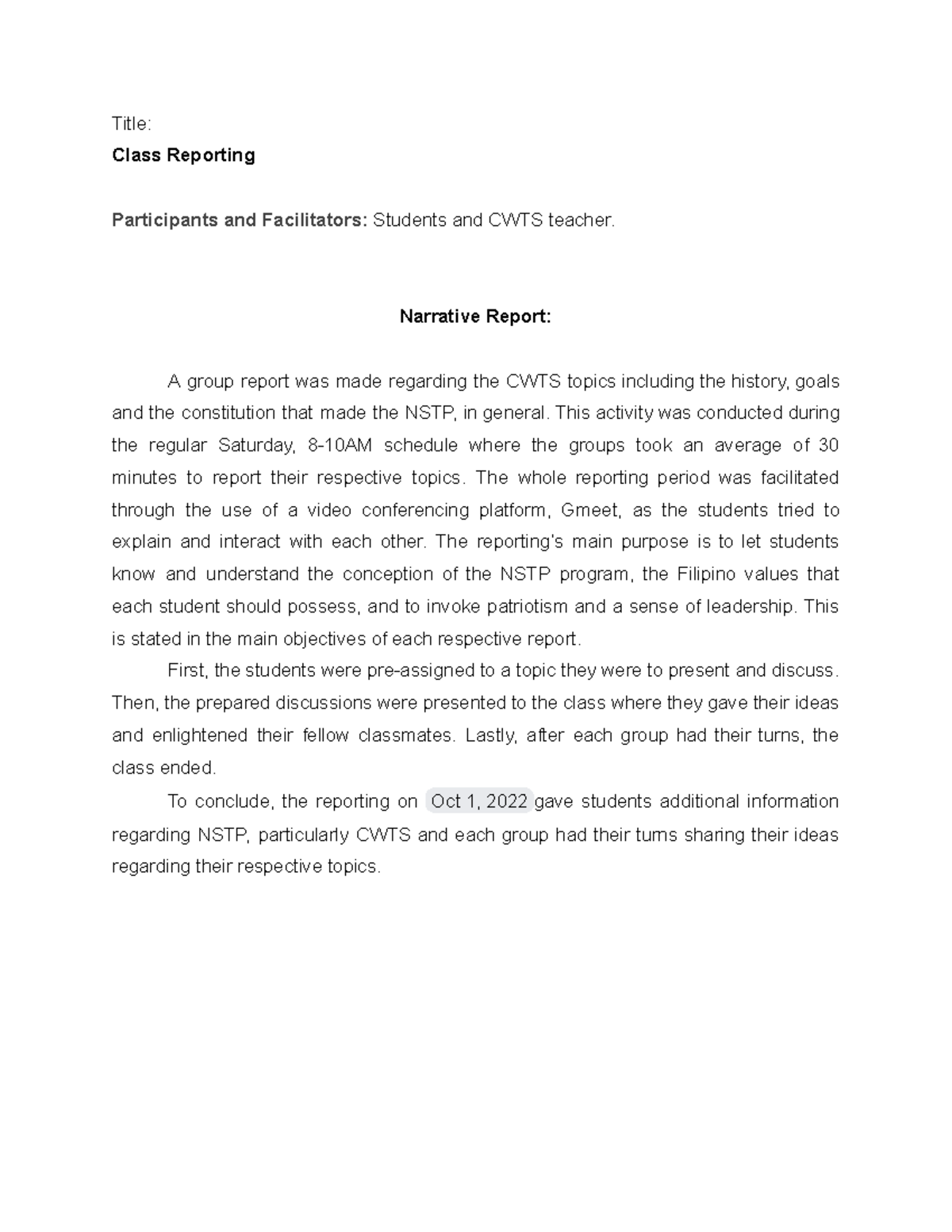 Document 3 CWTS - This is a lecture note, and a report. - Title: Class ...
