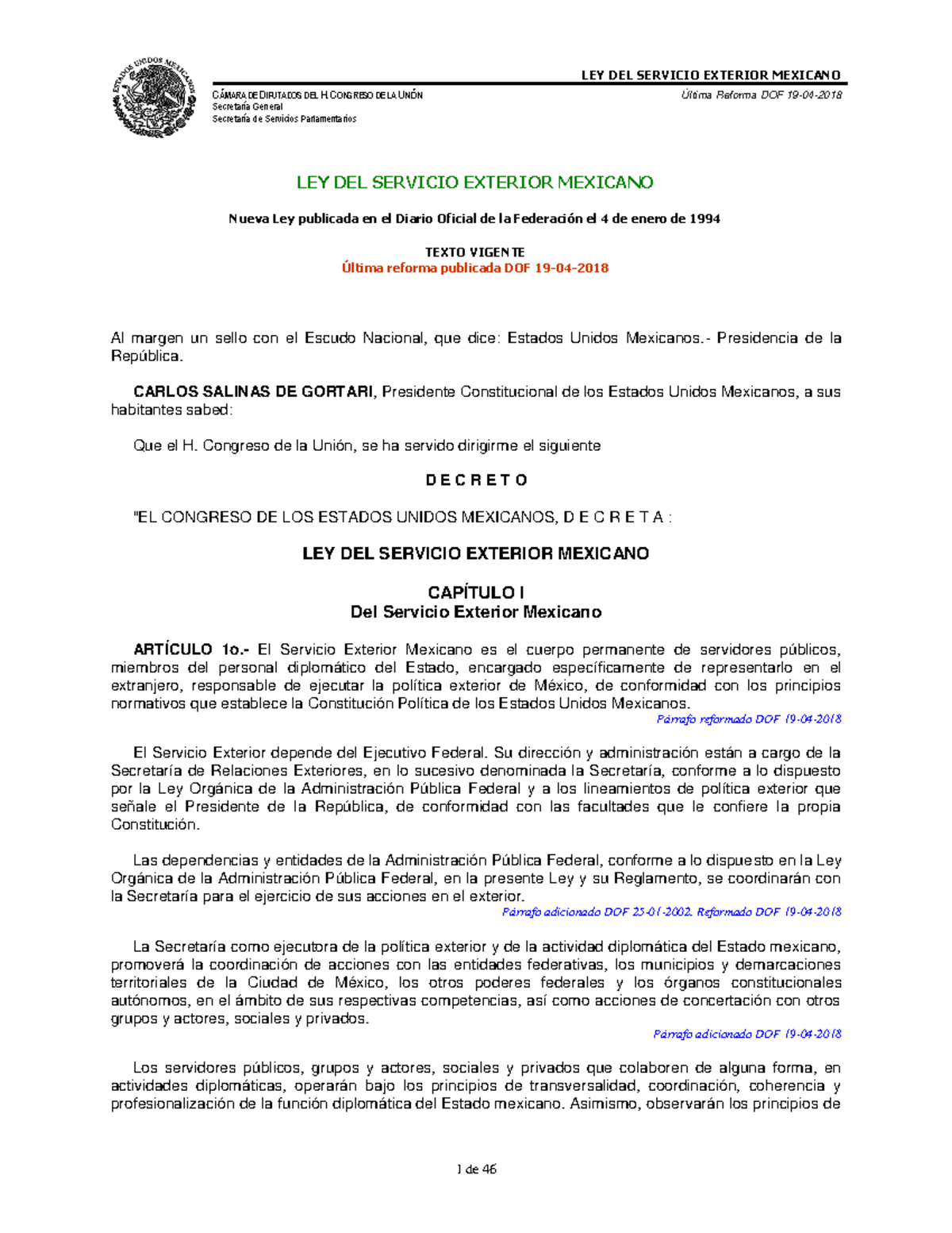 Ley del Servicio Exterior Mexicano - C¡MARA DE DIPUTADOS DEL H. CONGRESO DE LA UNI”N SecretarÌa ...