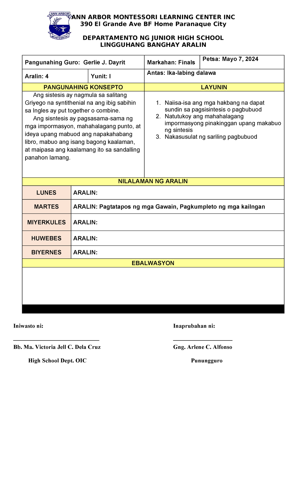 LP 13- FIL 12 - Lesson Plan - ANN ARBOR MONTESSORI LEARNING CENTER INC ...