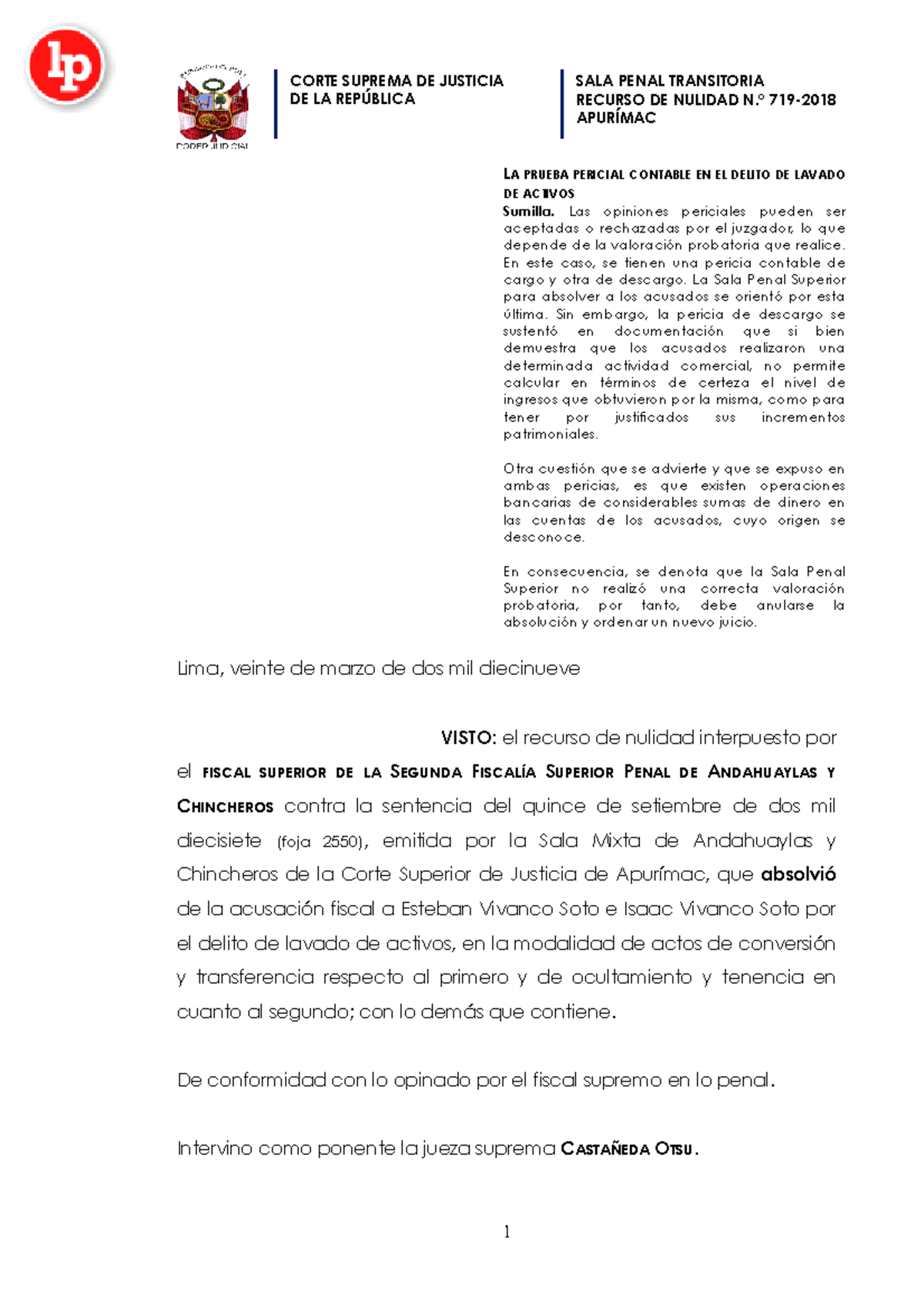 Derecho penal especial peruano - RECURSO DE NULIDAD N.° 719- APURÍMAC CORTE SUPREMA DE JUSTICIA ...