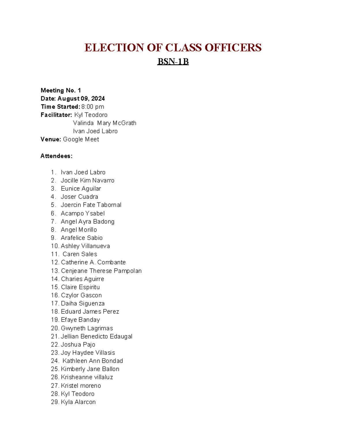 Election-OF- Class- Officers 105800 - ELECTION OF CLASS OFFICERS BSN-1B ...