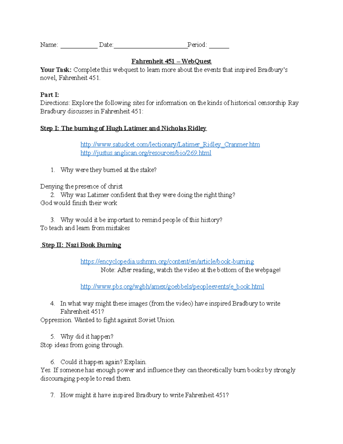 Fahrenheit 451 Web Quest[ 814] - Name: ___________ Date ...