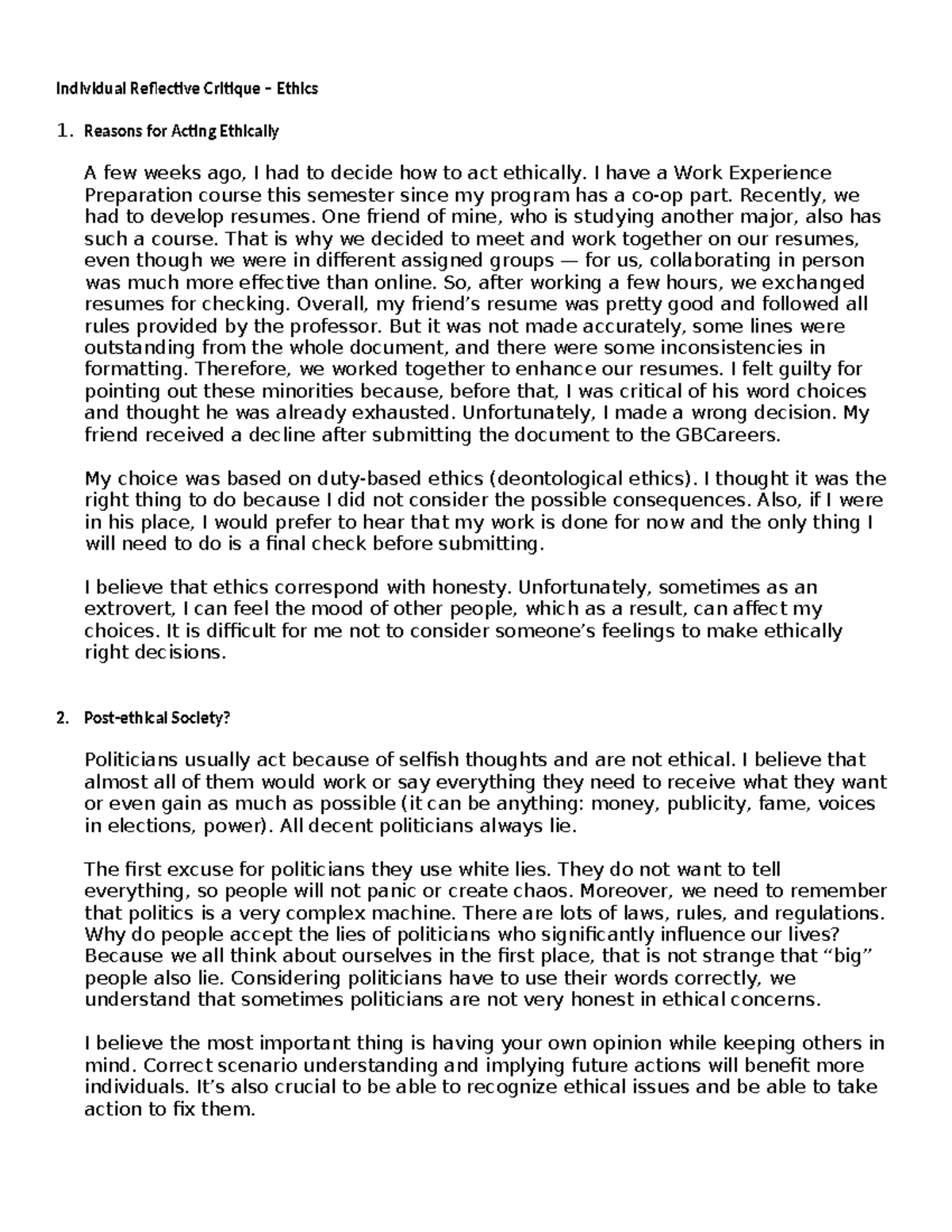 Reflection Papers - Ethics - Individual Reflective Critique – Ethics 1 ...