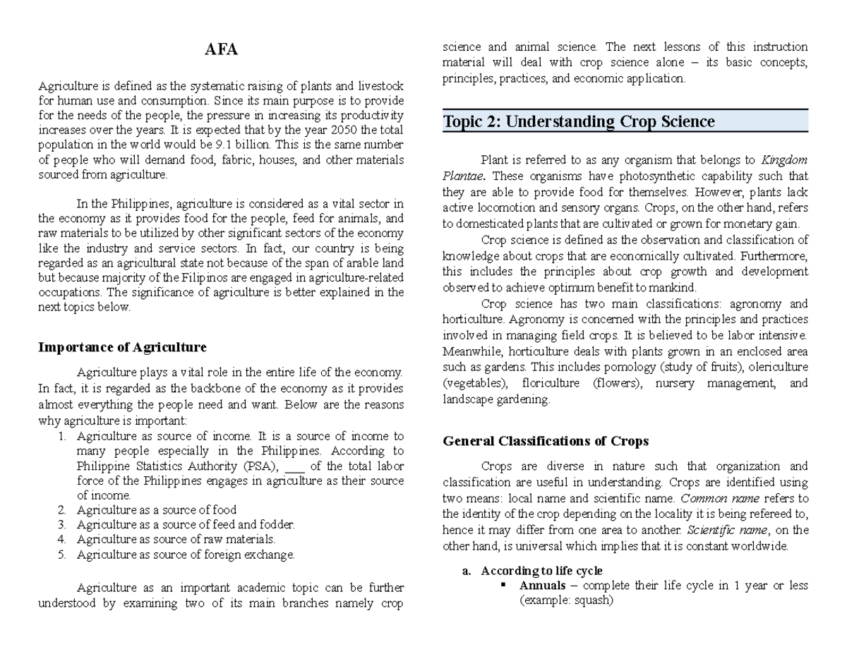 AFA - N/A - AFA Agriculture is defined as the systematic raising of ...