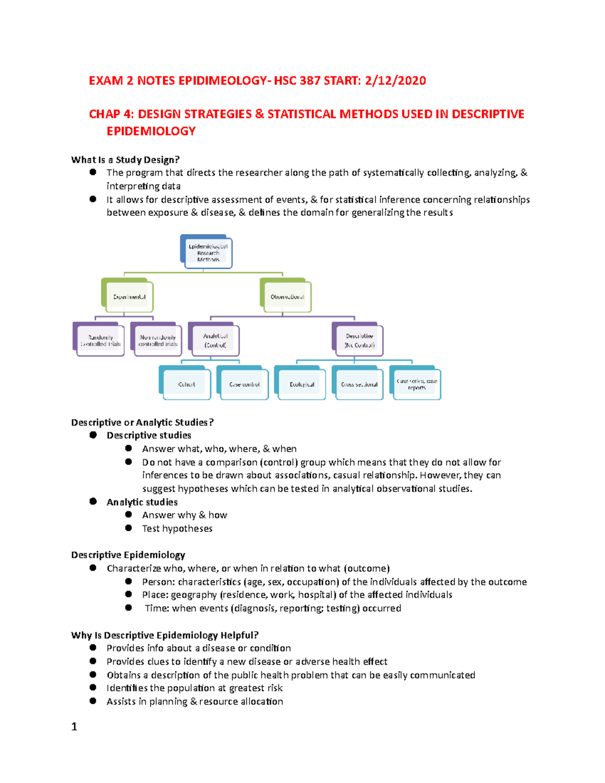 EXAM 2 Notes- HSC 387 - EXAM 2 NOTES EPIDIMEOLOGY- HSC 387 START: 2/12 ...