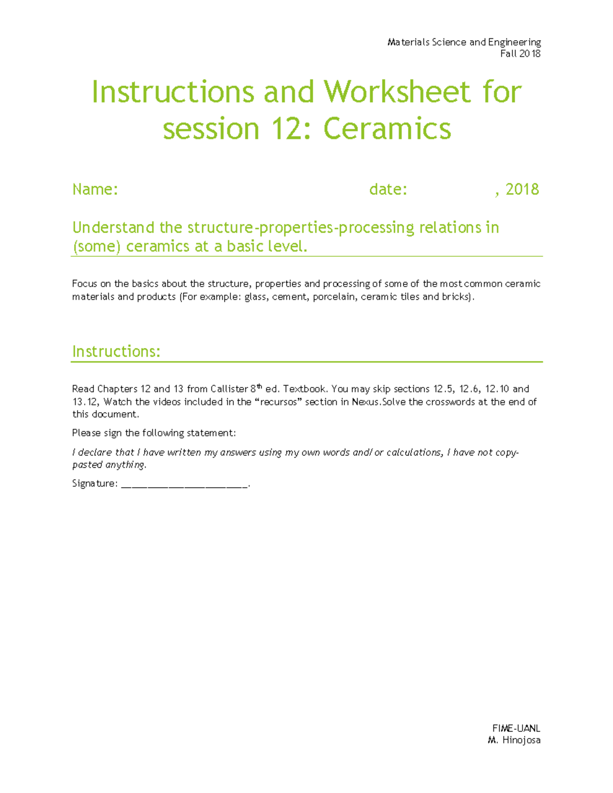 Instructions Worksheets Ceramics - Materials Science and Engineering ...