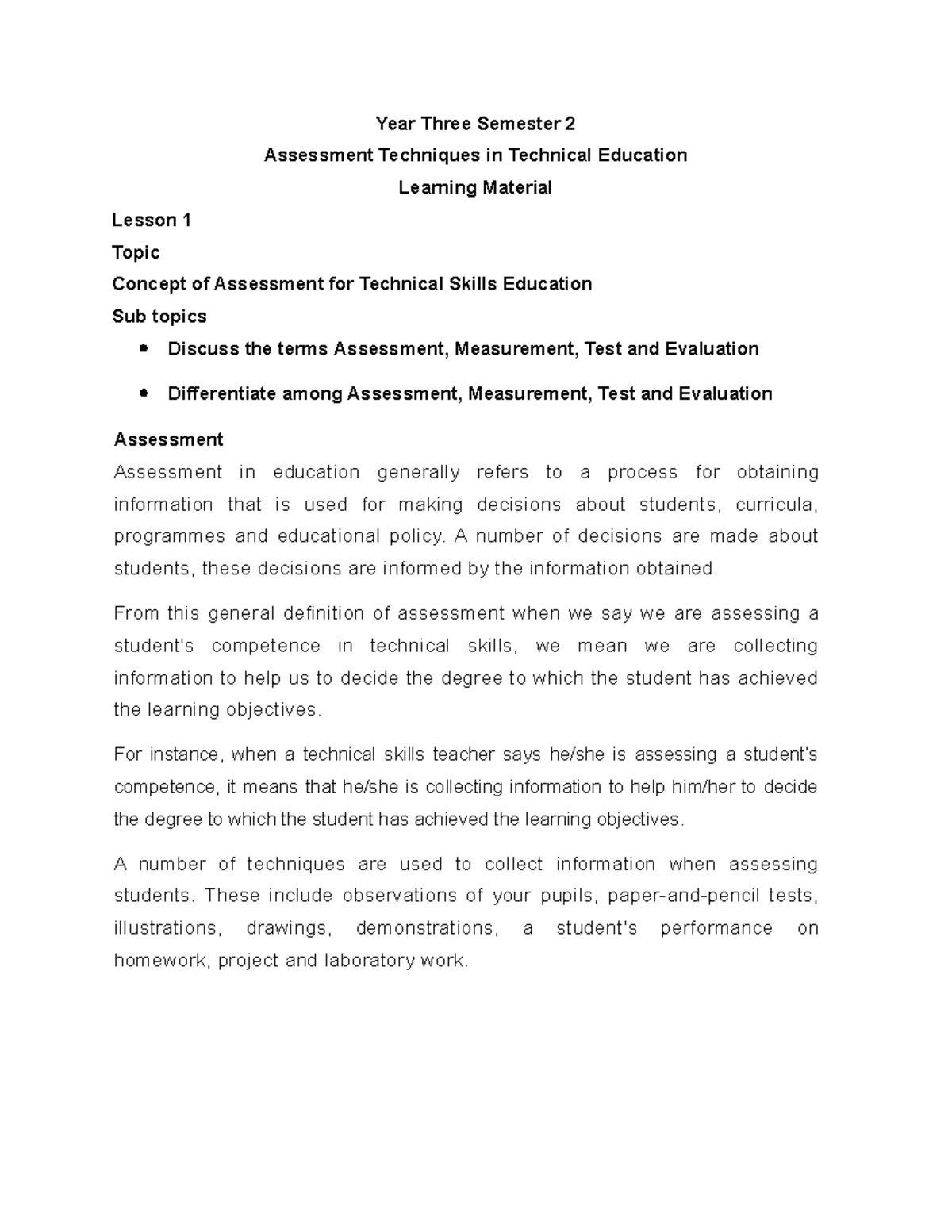 Lesson 1 - Notes on assessment - Year Three Semester 2 Assessment ...
