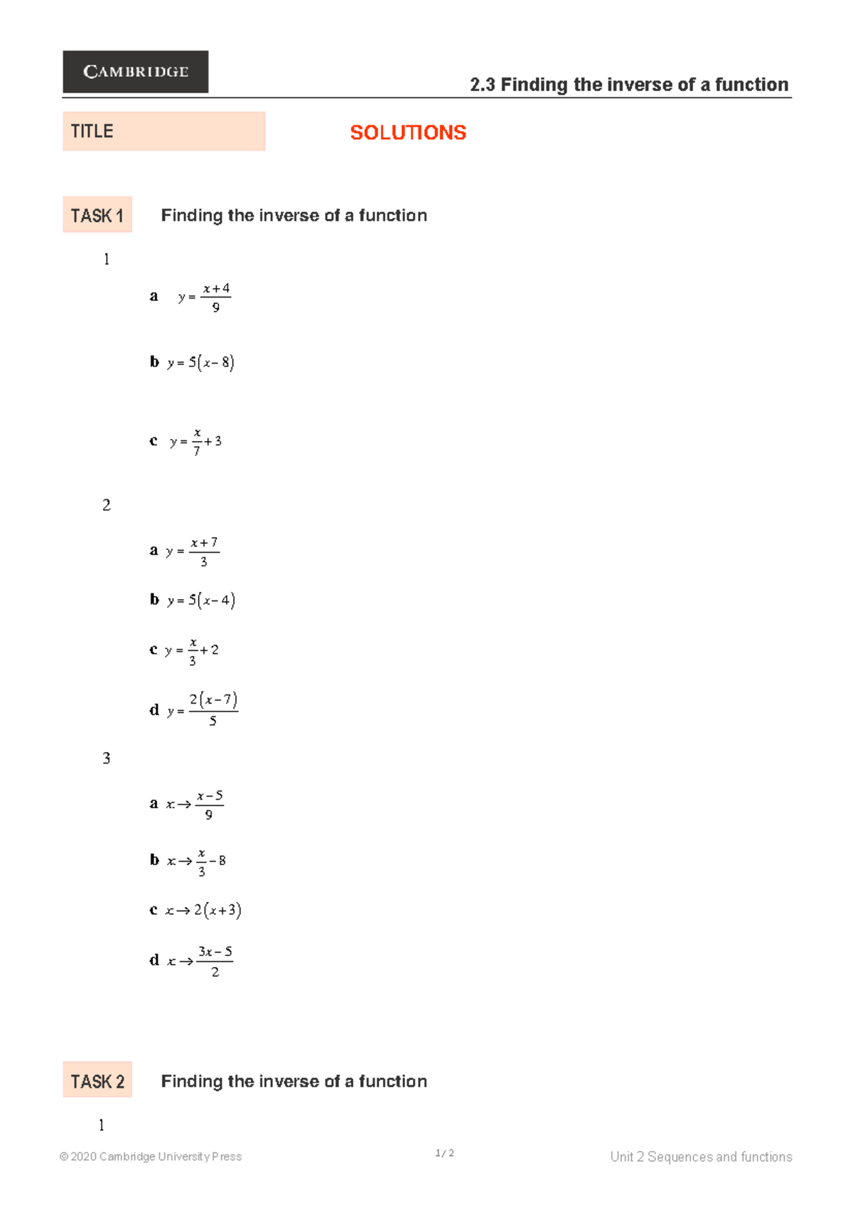 Worksheet-2.3 solution - 2 Finding the inverse of a function © 2020 ...