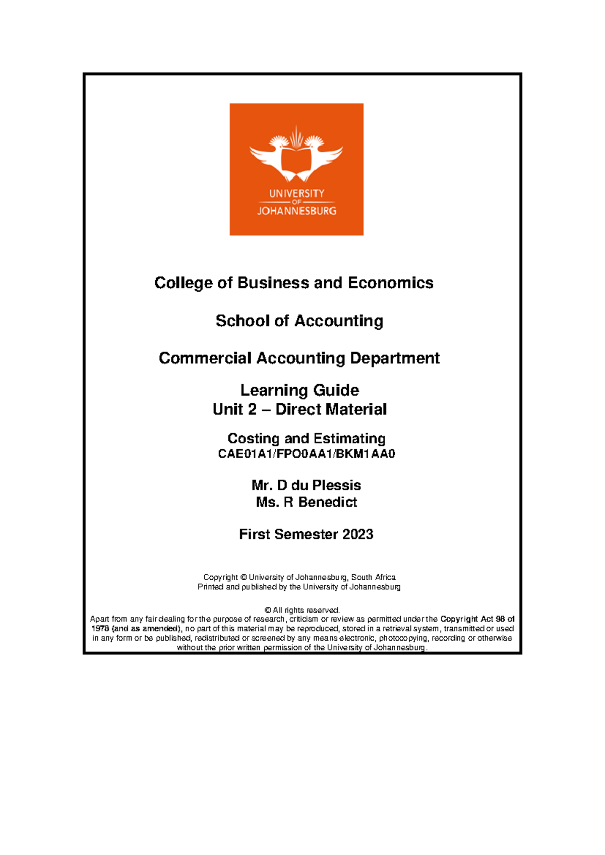 Unit 2 - Direct Material Learner Guide - College of Business and ...