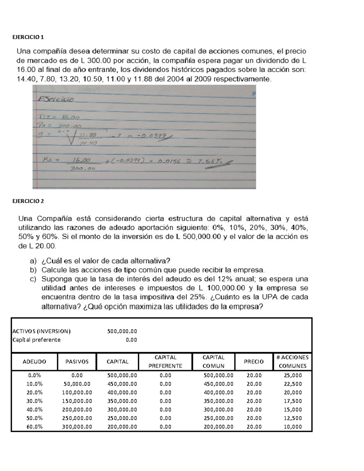 GUIA Gerencia Financiera 4TA Unidad - EJERCICIO 1 EJERCICIO 2 500,000. Capital preferente 0. 0% ...