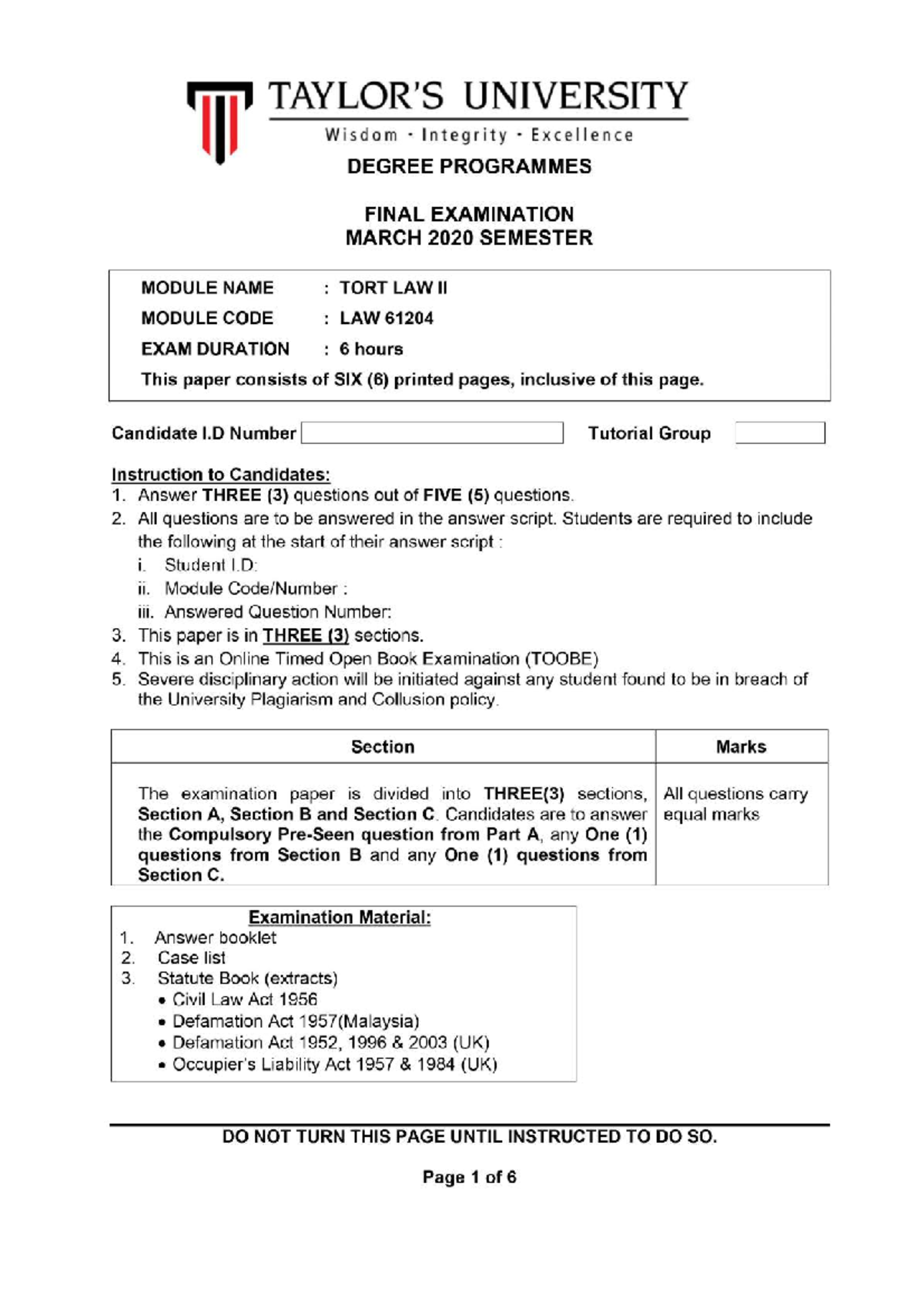 Tort March 2020 - exam paper - Law of Tort II - Studocu