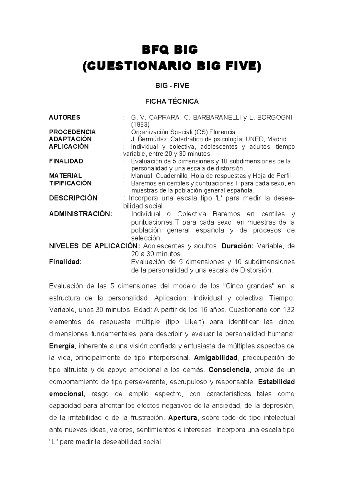 Bfq-big-five-ficha-tecnica compress - BFQ BIG (CUESTIONARIO BIG FIVE) BIG - FIVE FICHA TÉCNICA ...