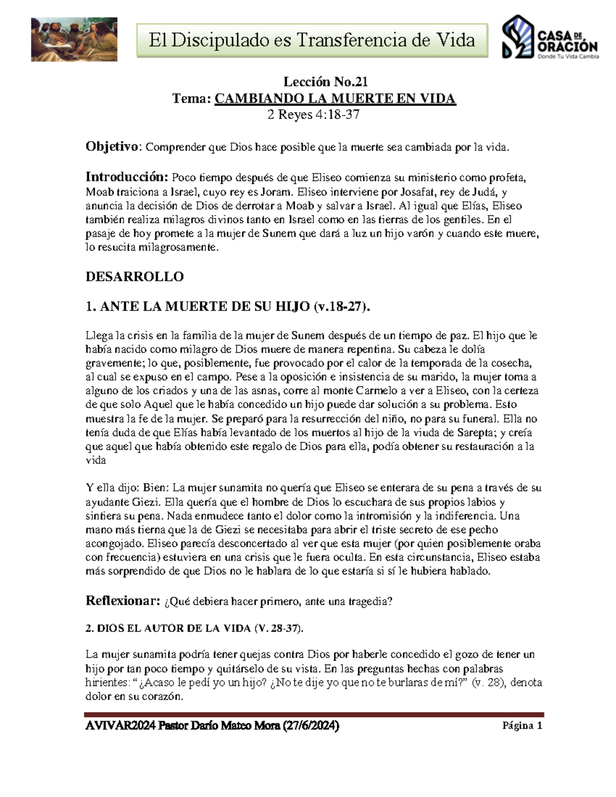 Leccion 21discipulado Cambiando LA Muerte EN VIDA - AVIVAR 2024 Pastor ...