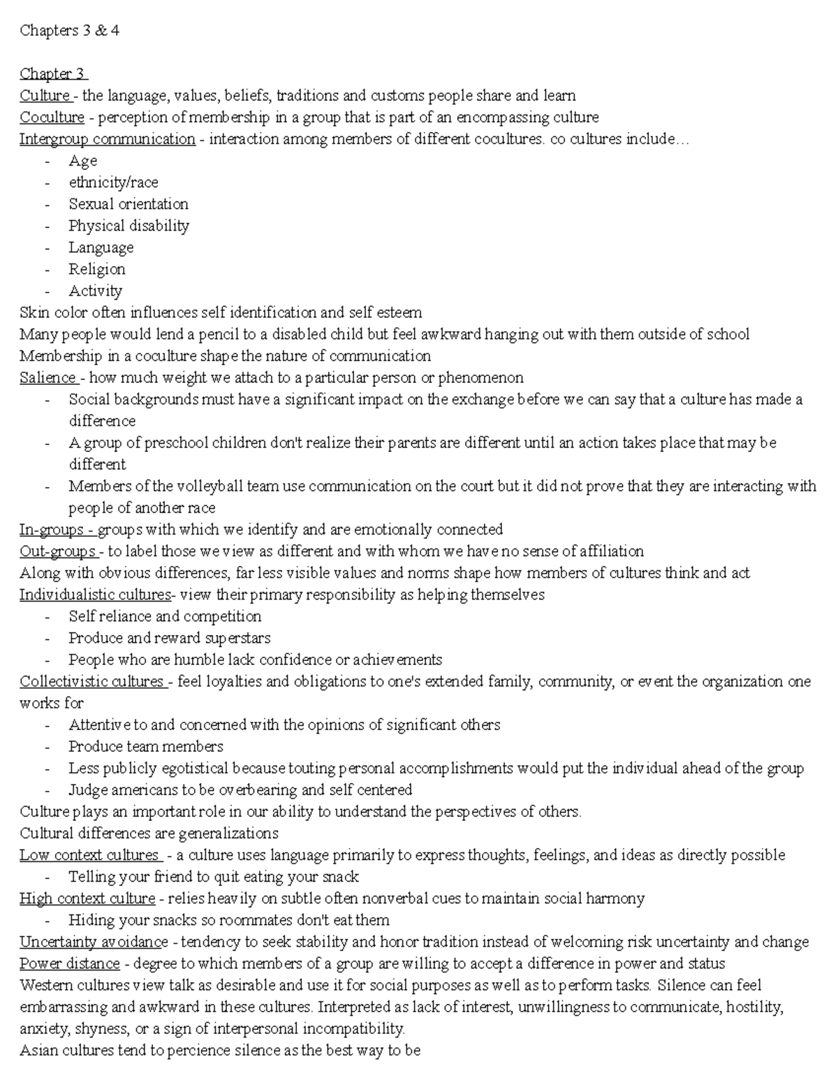 Communication week 5 & 6 - Chapters 3 & 4 Chapter 3 Culture - the ...