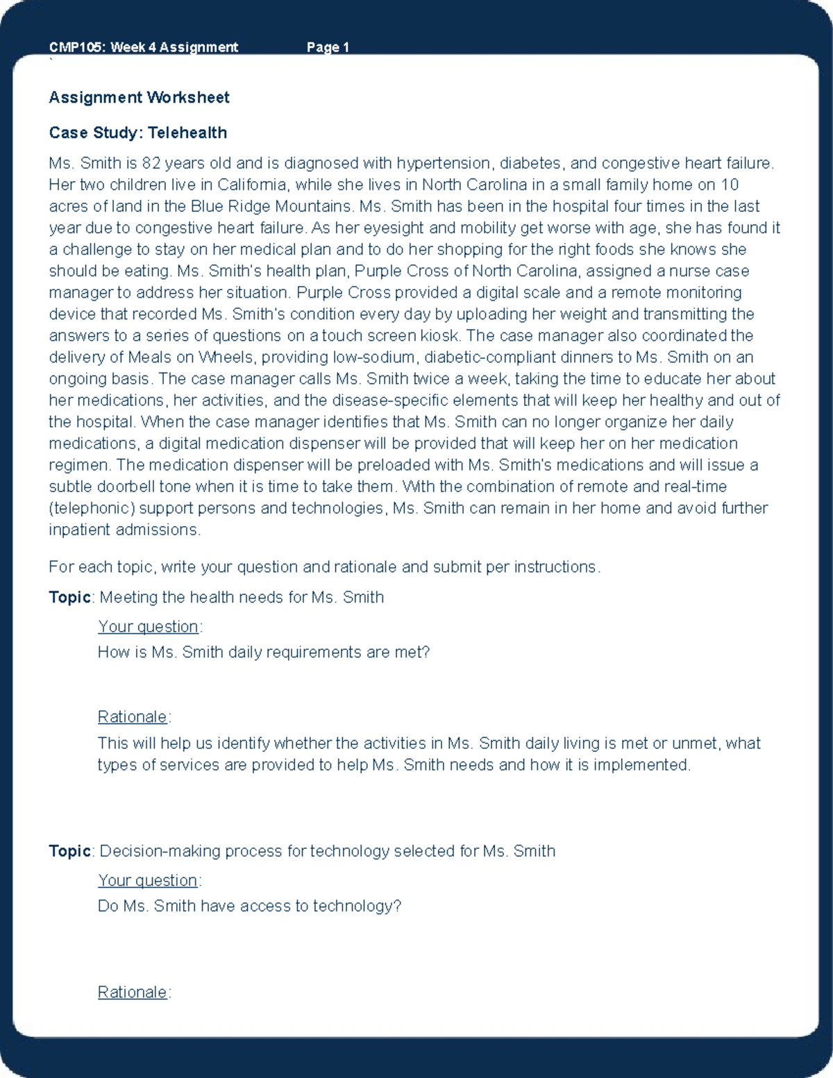 CMP105 wk4 assn qreid 02032024 - CMP105: Week 4 Assignment Page 1 ` Assignment Worksheet Case ...