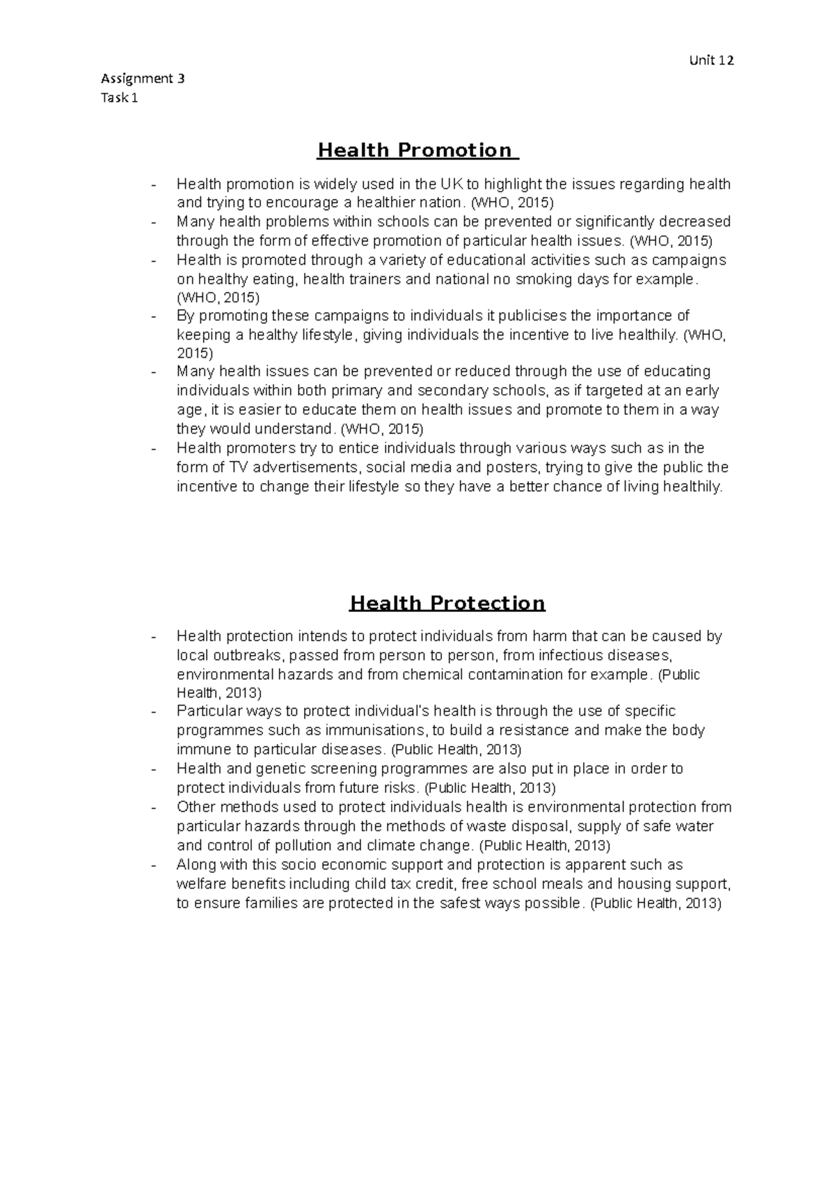 Assignment 3 task 1 - Unit 12 Assignment 3 Task 1 Health Promotion ...