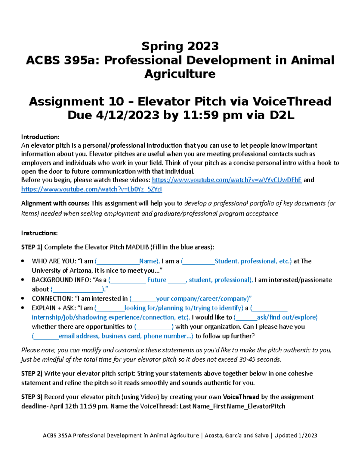 Assignment 10-Elevator Pitch - Spring 2023 ACBS 395a: Professional ...