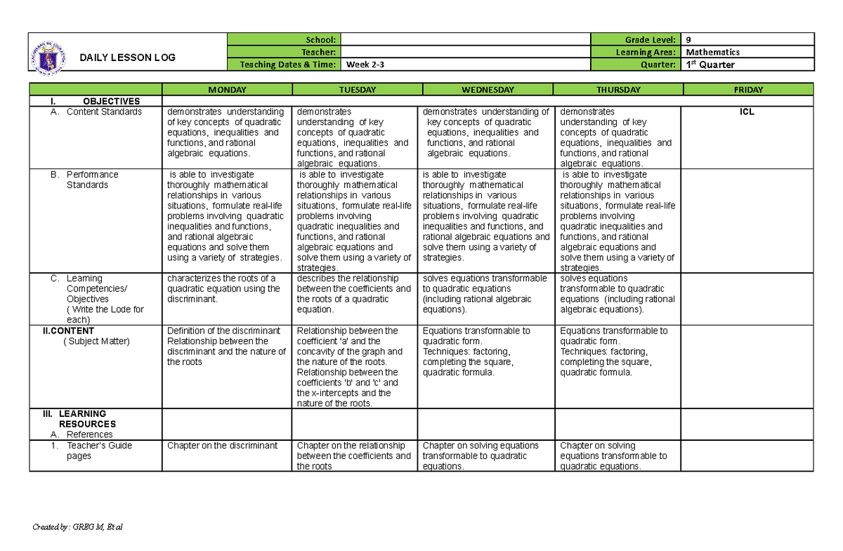 Math9 Wk2-3 - For your guide. - DAILY LESSON LOG School: Grade Level: 9 ...