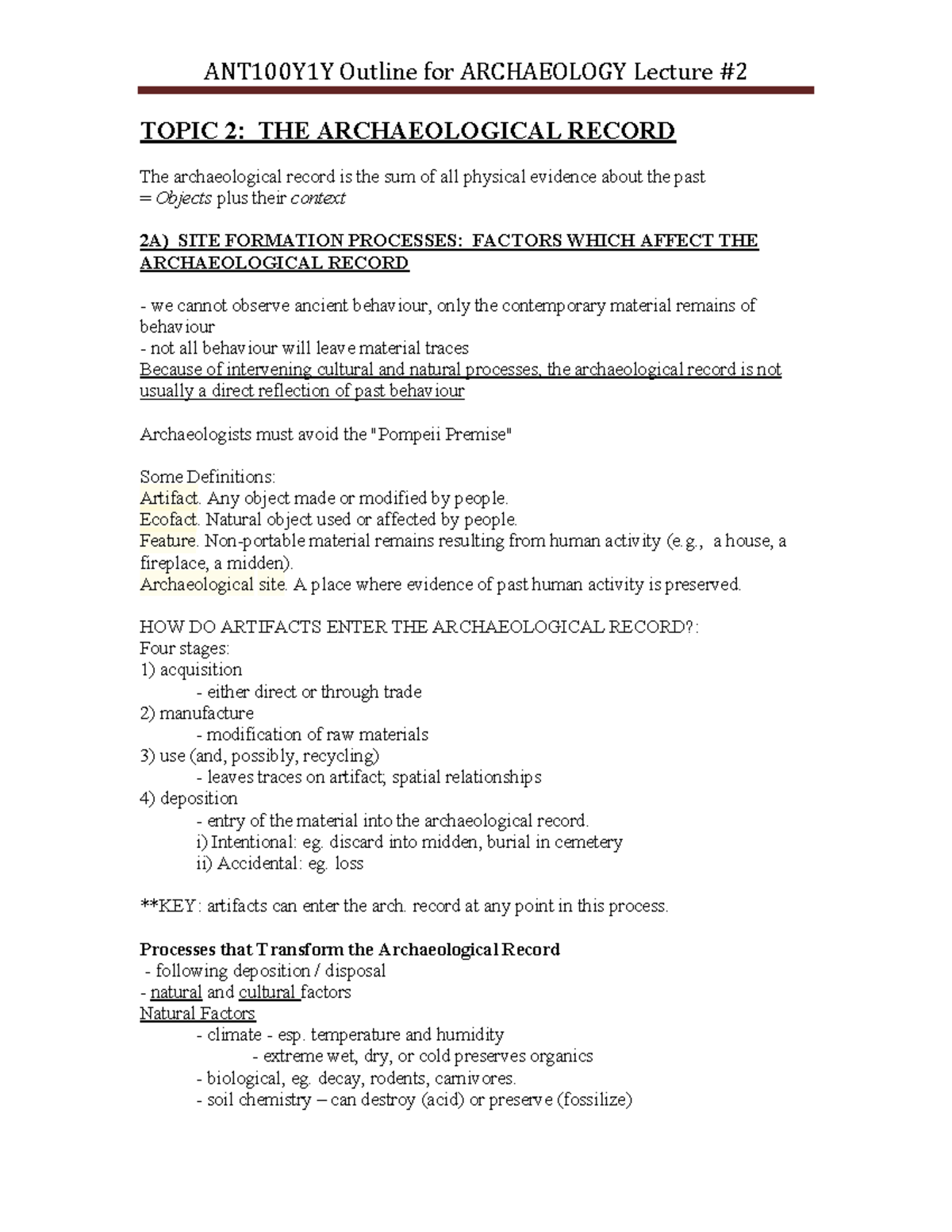 AnthropologyLecture - ANT100Y1Y Outline for ARCHAEOLOGY Lecture #2 ...