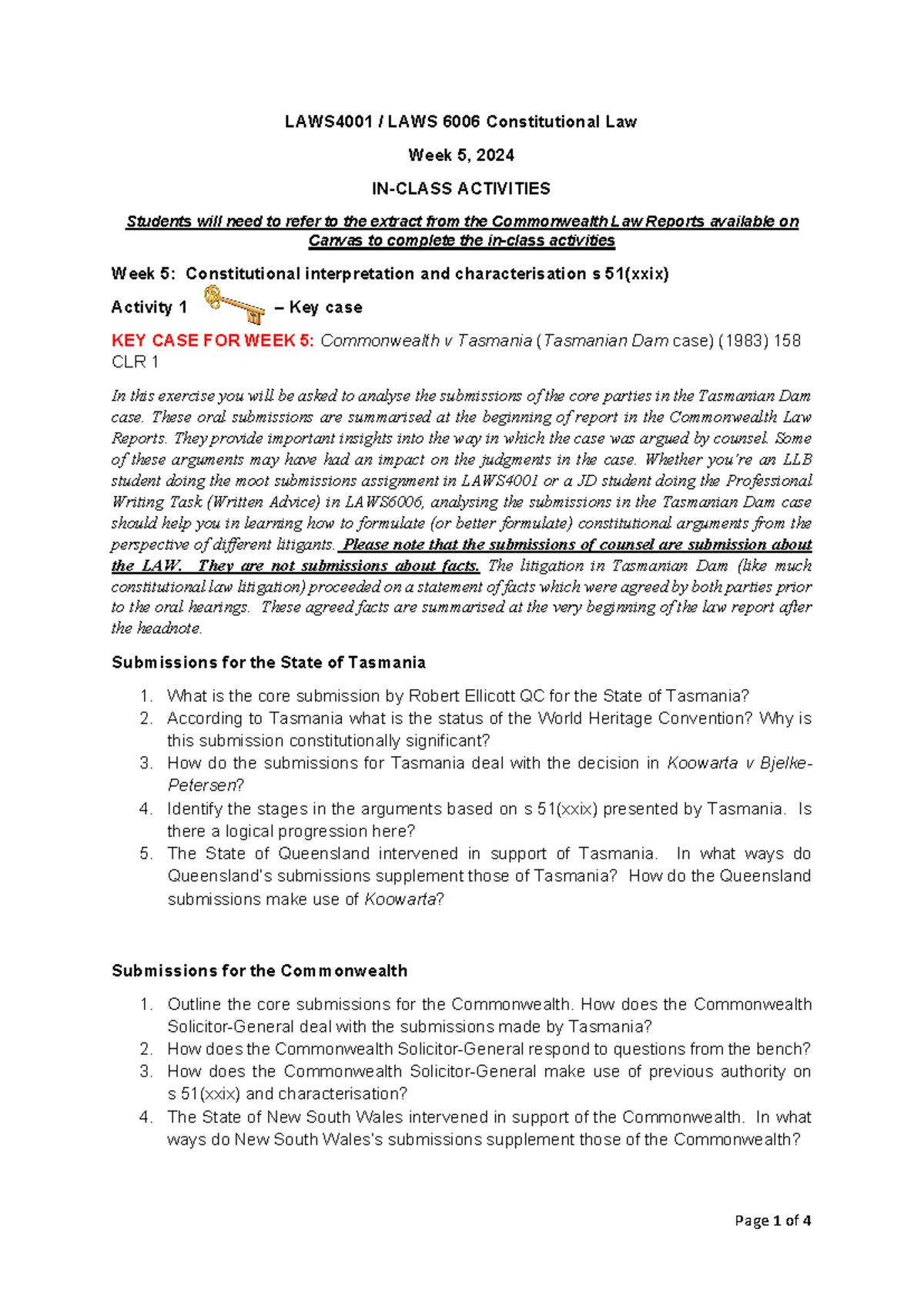 2024 week 5 in class activities - LAWS4001 / LAWS 6006 Constitutional ...