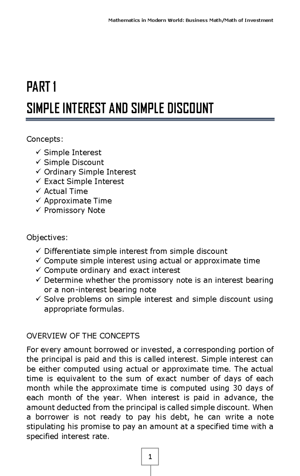 PART-1-2021 - lectures and practices - PART 1 SIMPLE INTEREST AND ...