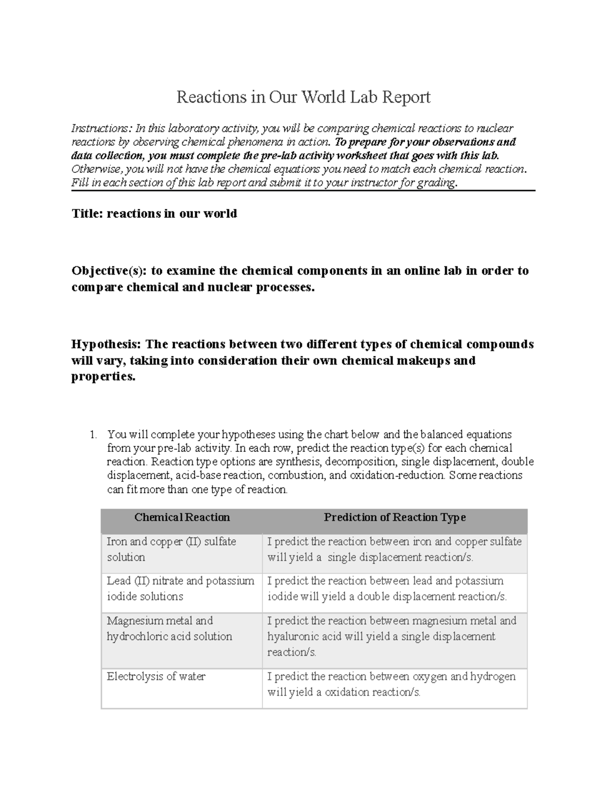 Lab report- 6 23 - Chemistry - Reactions in Our World Lab Report ...