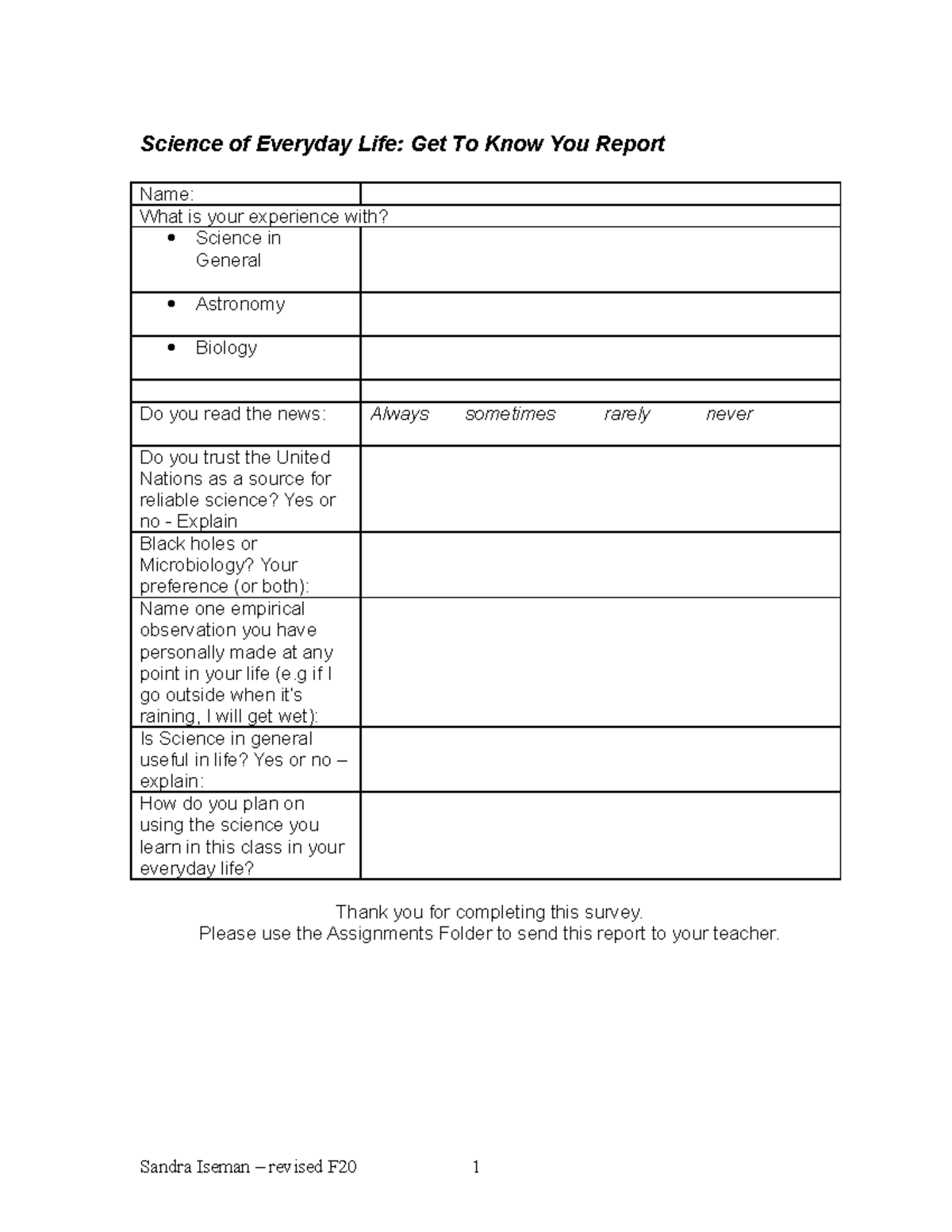 Get to know you survey - F20 - Science of Everyday Life: Get To Know ...