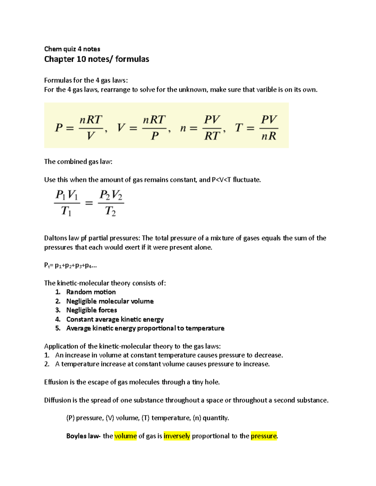 Chem quiz 4 notes - Chem quiz 4 notes Chapter 10 notes/ formulas ...
