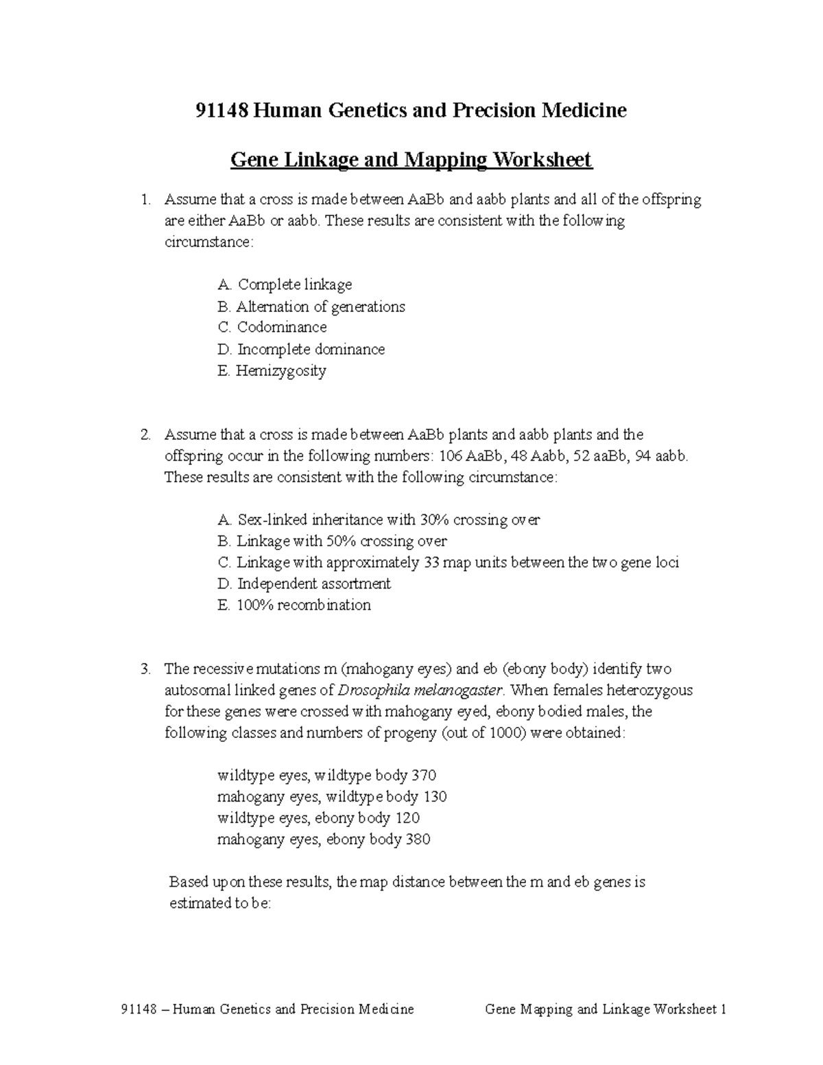 Gene Linkage and Mapping Worksheet - 91148 Human Genetics and Precision ...