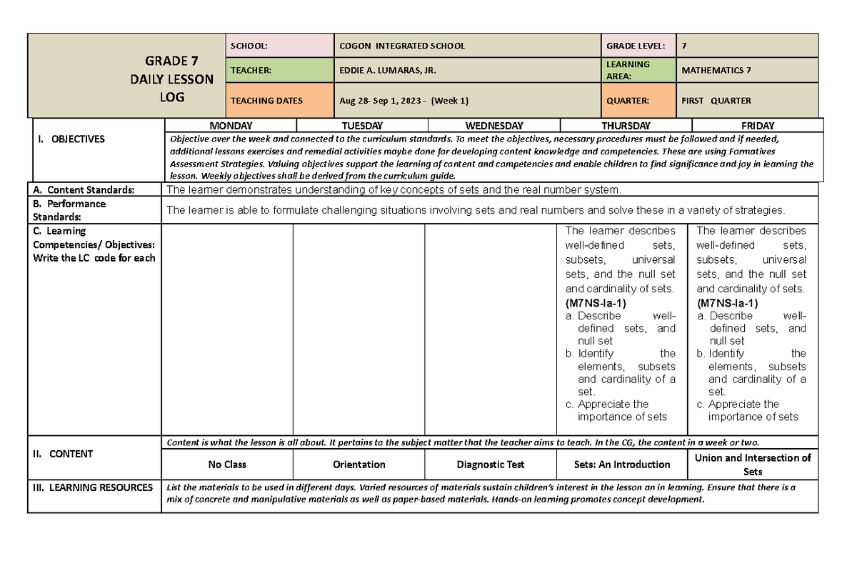 DLL Math - Week 1 - dll - GRADE 7 DAILY LESSON LOG SCHOOL: COGON ...