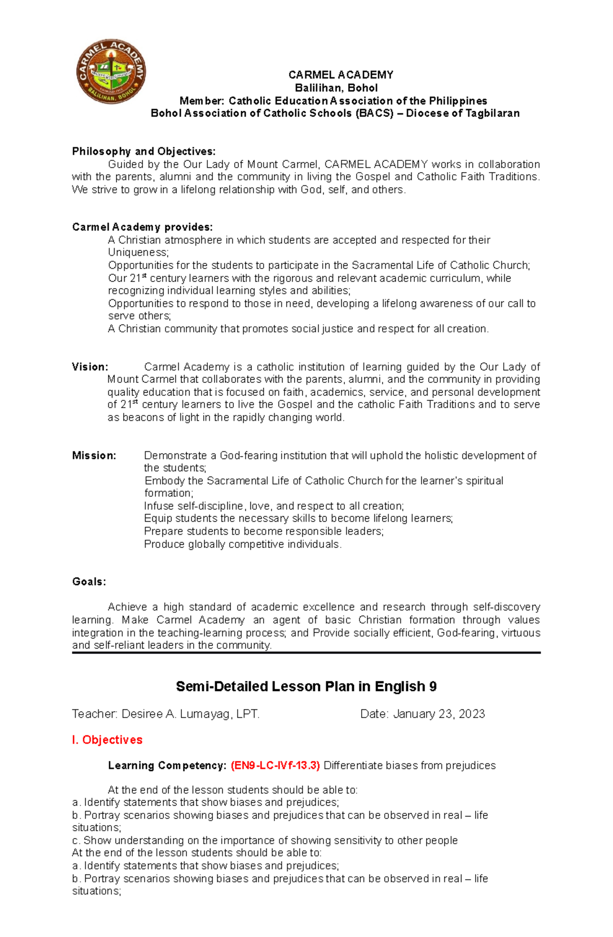 Activity 5 (lesson plans) - CARMEL ACADEMY Balilihan, Bohol Member ...