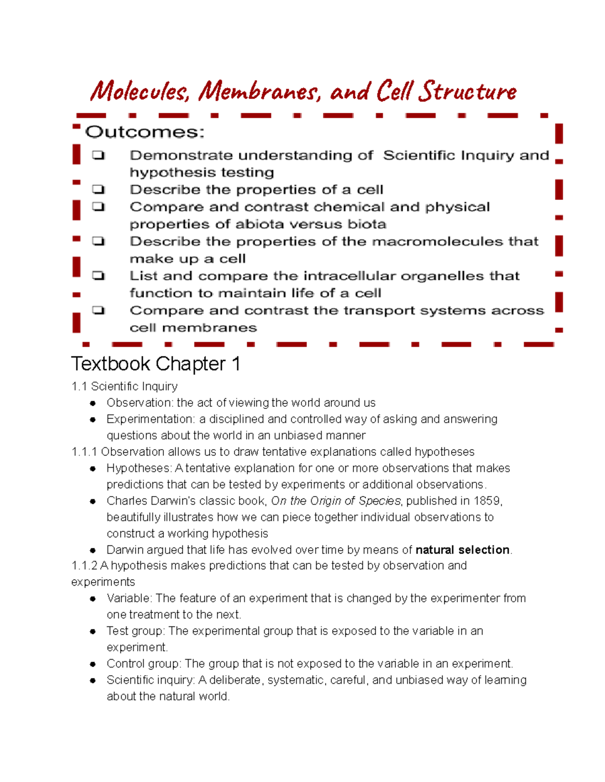 Module 1 Molecules, Membranes, and Cell Structure - Moles, Memn, an Cl ...